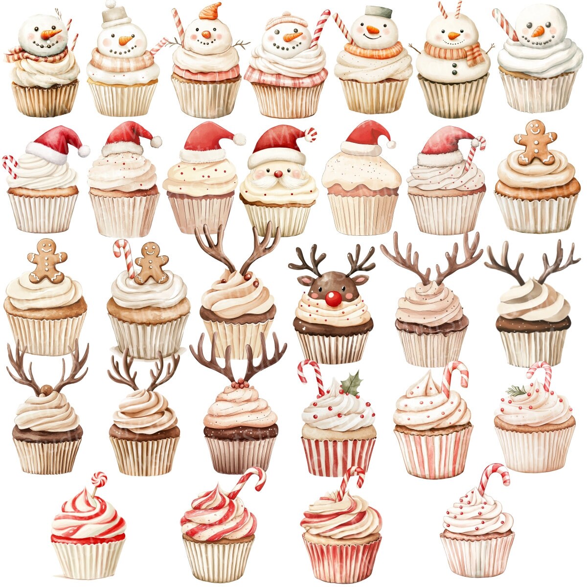 Christmas Cupcake Clipart, Watercolor Cupcake Clipart, Holiday Cupcake ...