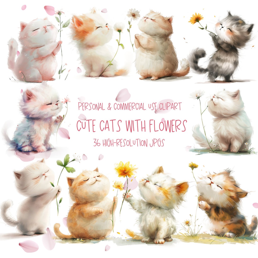 Cute Cats With Flower Clipart, 36 High-resolution Jpgs, Kittens and ...