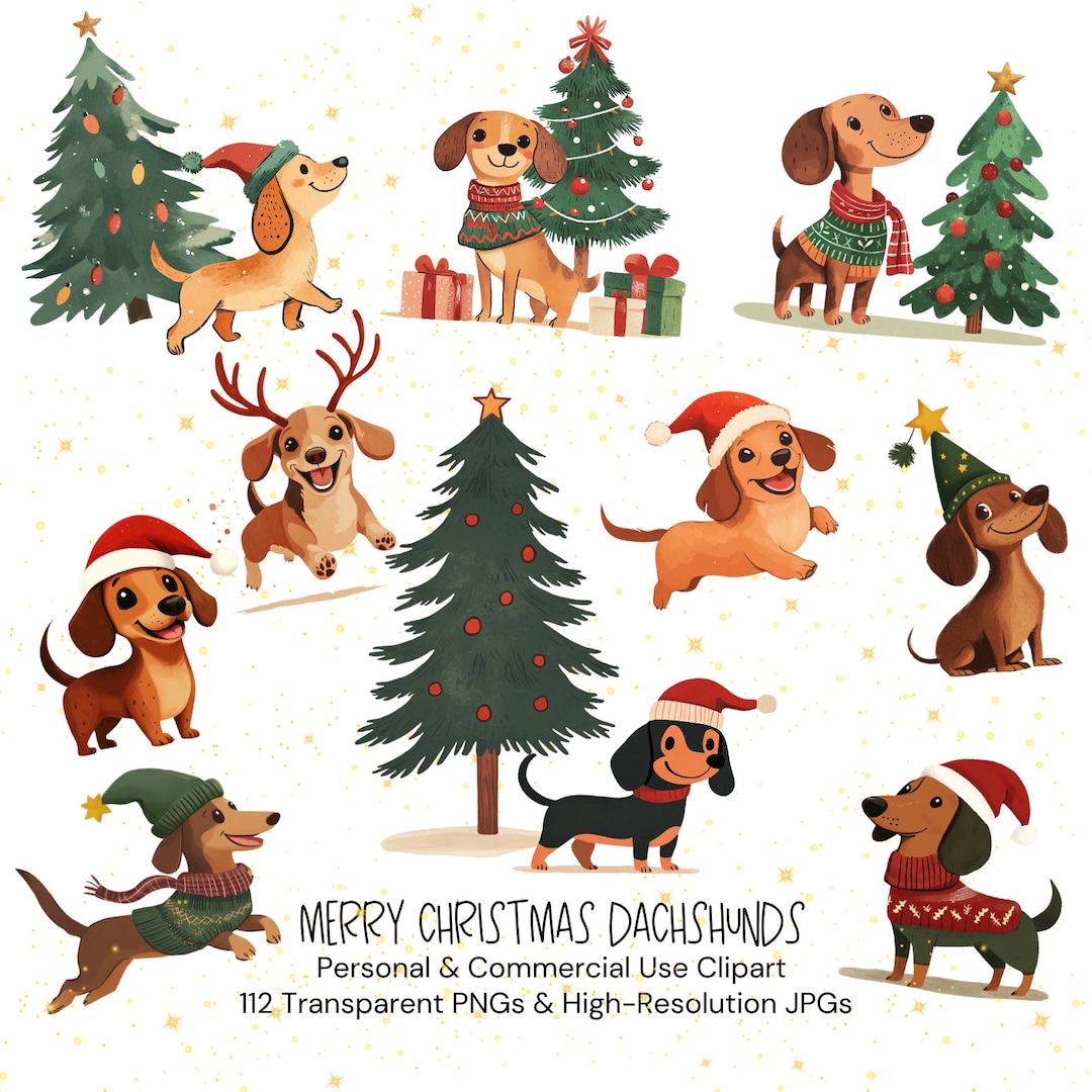 Christmas Dachshund Clipart, Festive Sausage Dog Clipart, Holiday ...