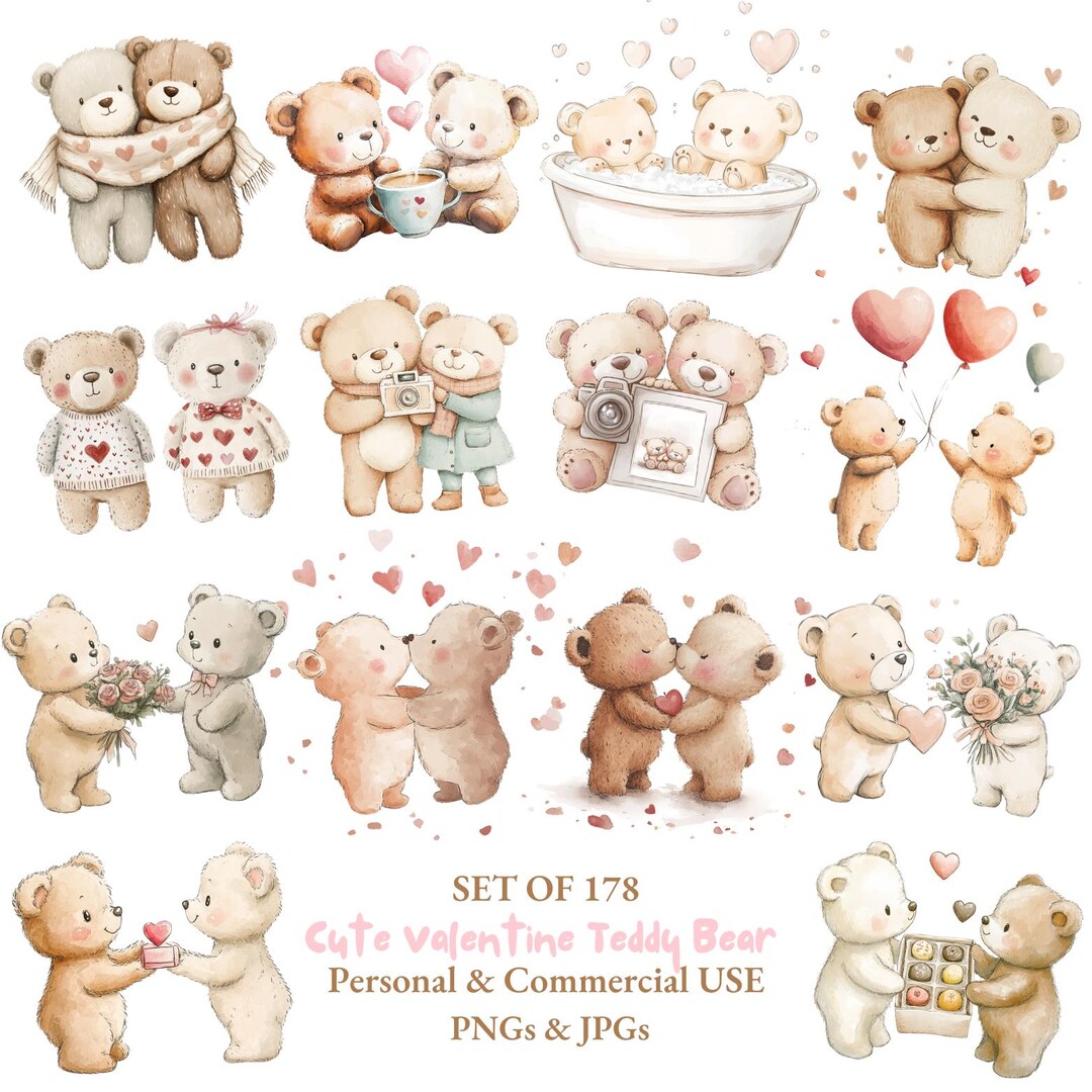 Watercolor Teddy Bear Clipart | Valentine Teddy Bear Clipart | Cute ...