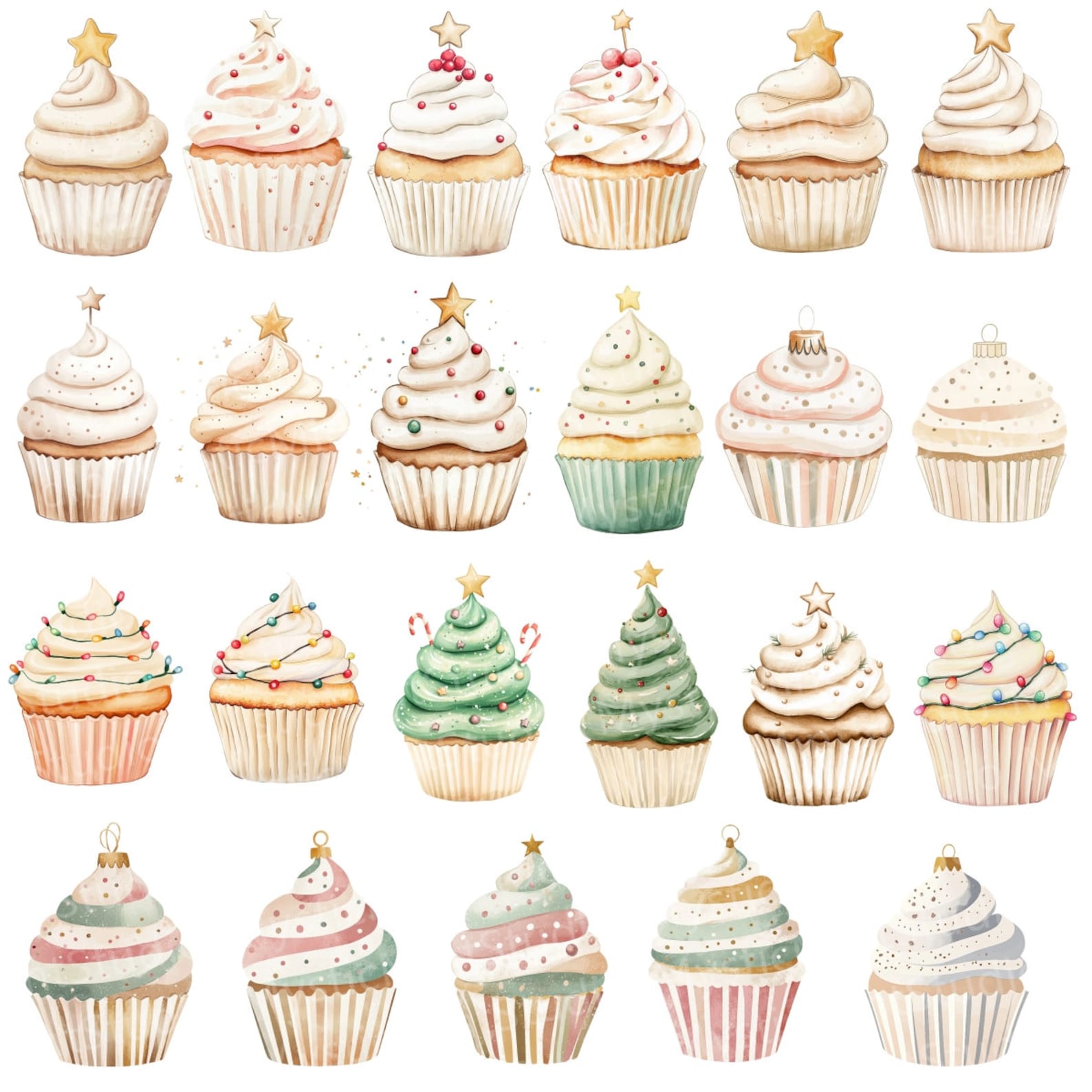 Christmas Cupcake Clipart, Watercolor Cupcake Clipart, Holiday Cupcake ...