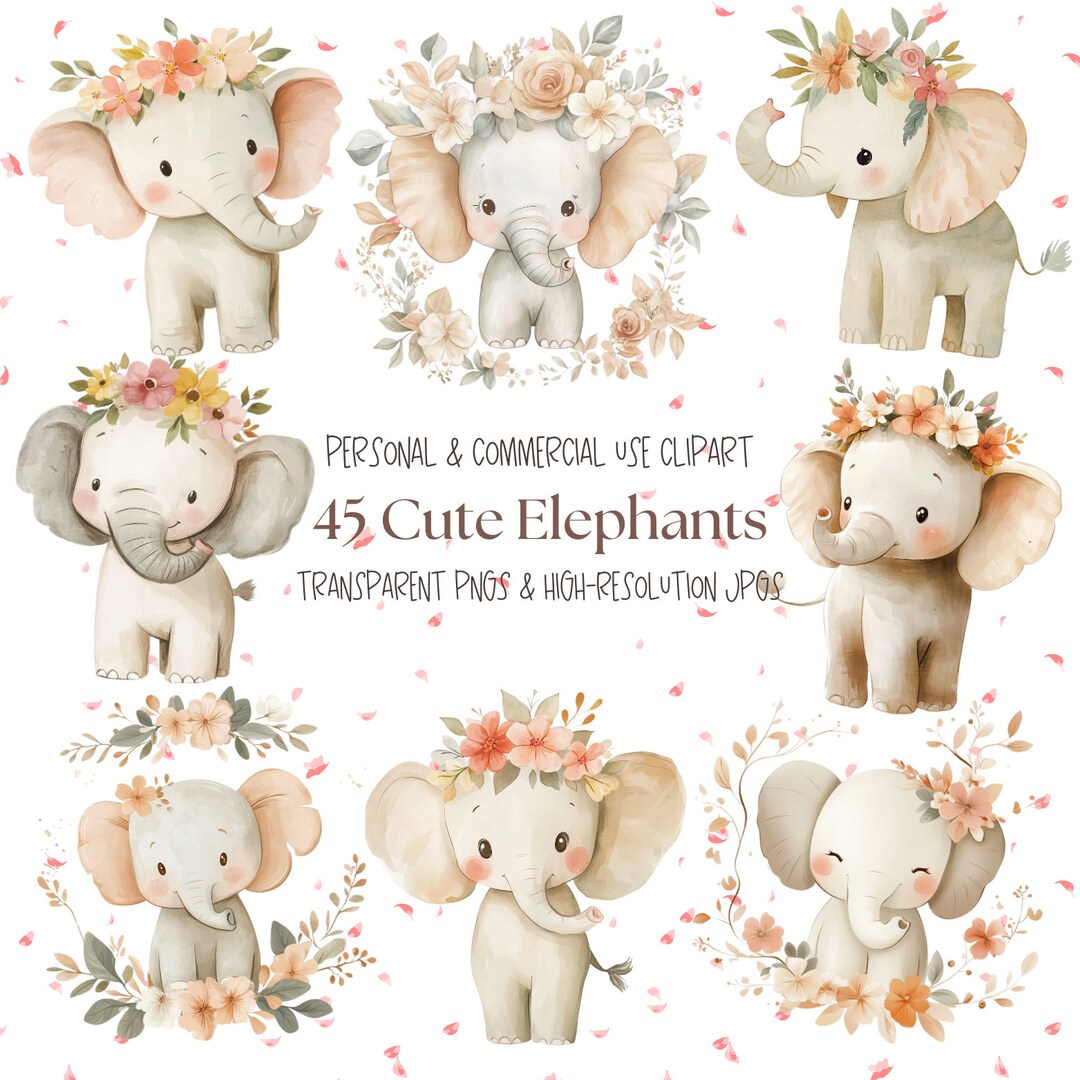 Cute Elephant Clipart Bundle | Watercolor Elephant Clipart L Floral ...