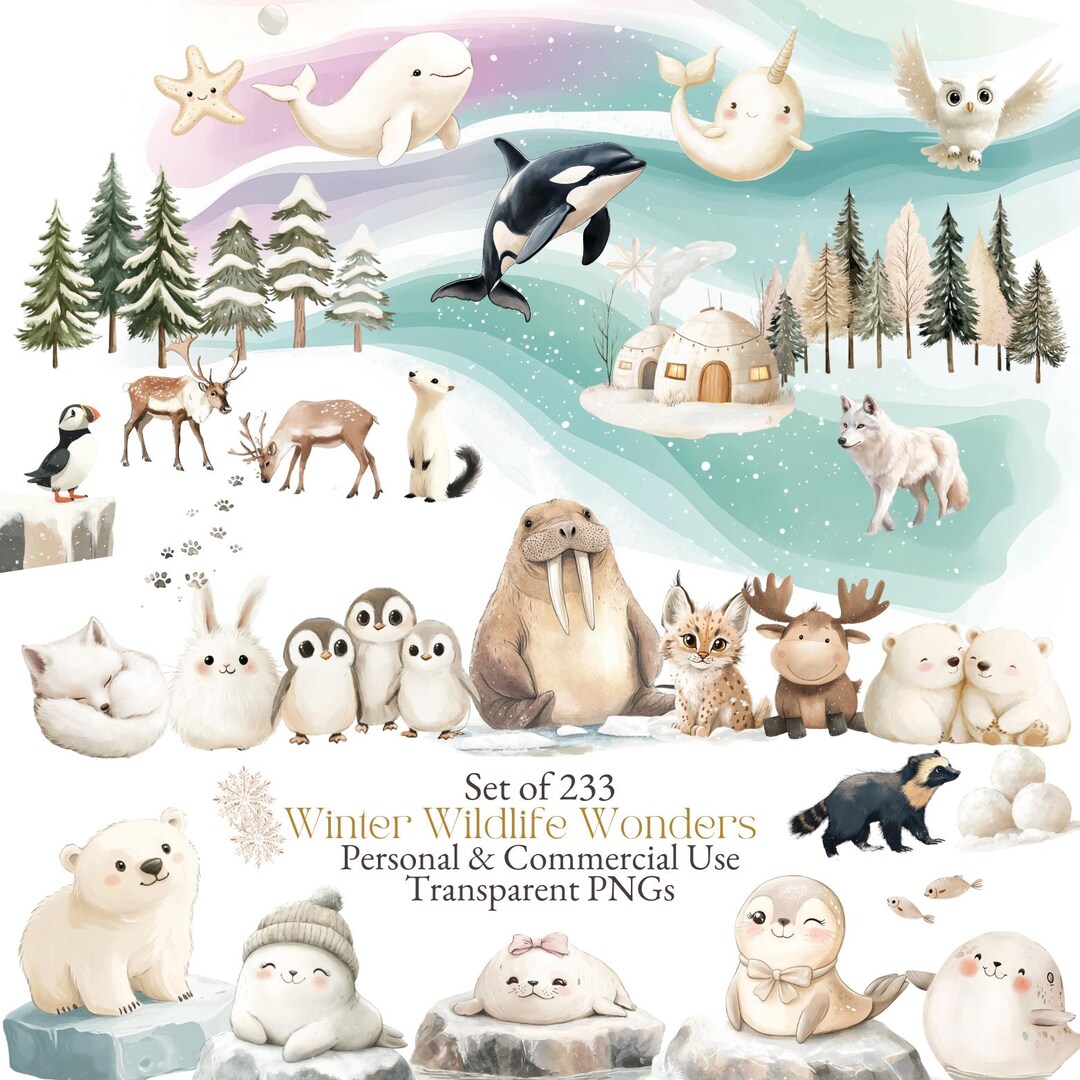 Arctic Animals Watercolor Clipart | Polar Animals Clipart | Winter ...