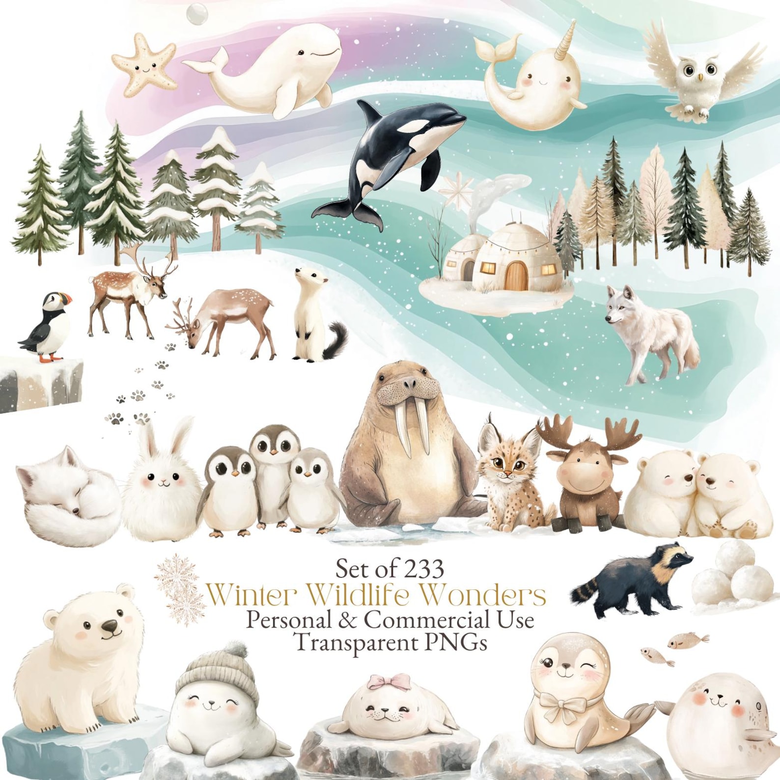 Arctic Animals Watercolor Clipart | Polar Animals Clipart | Winter ...