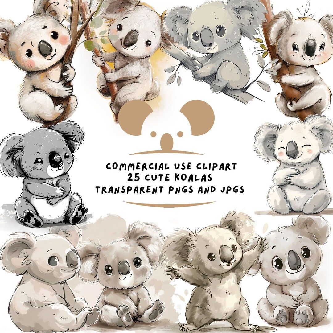 Cute Koala Clipart, 25 High-resolution Pngs and Jpgs, Instant Download ...