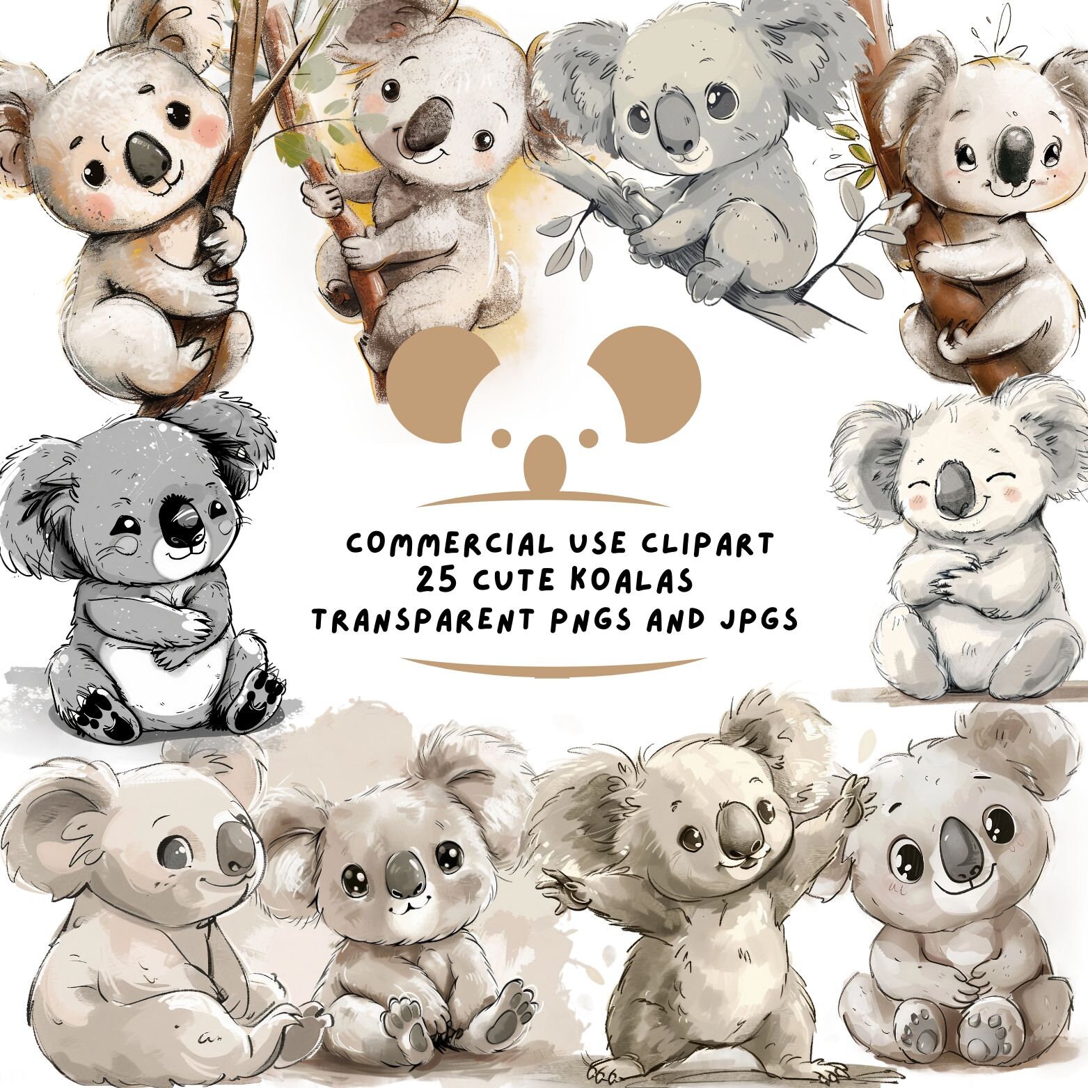Cute Koala Clipart, 25 High-resolution Pngs and Jpgs, Instant Download ...