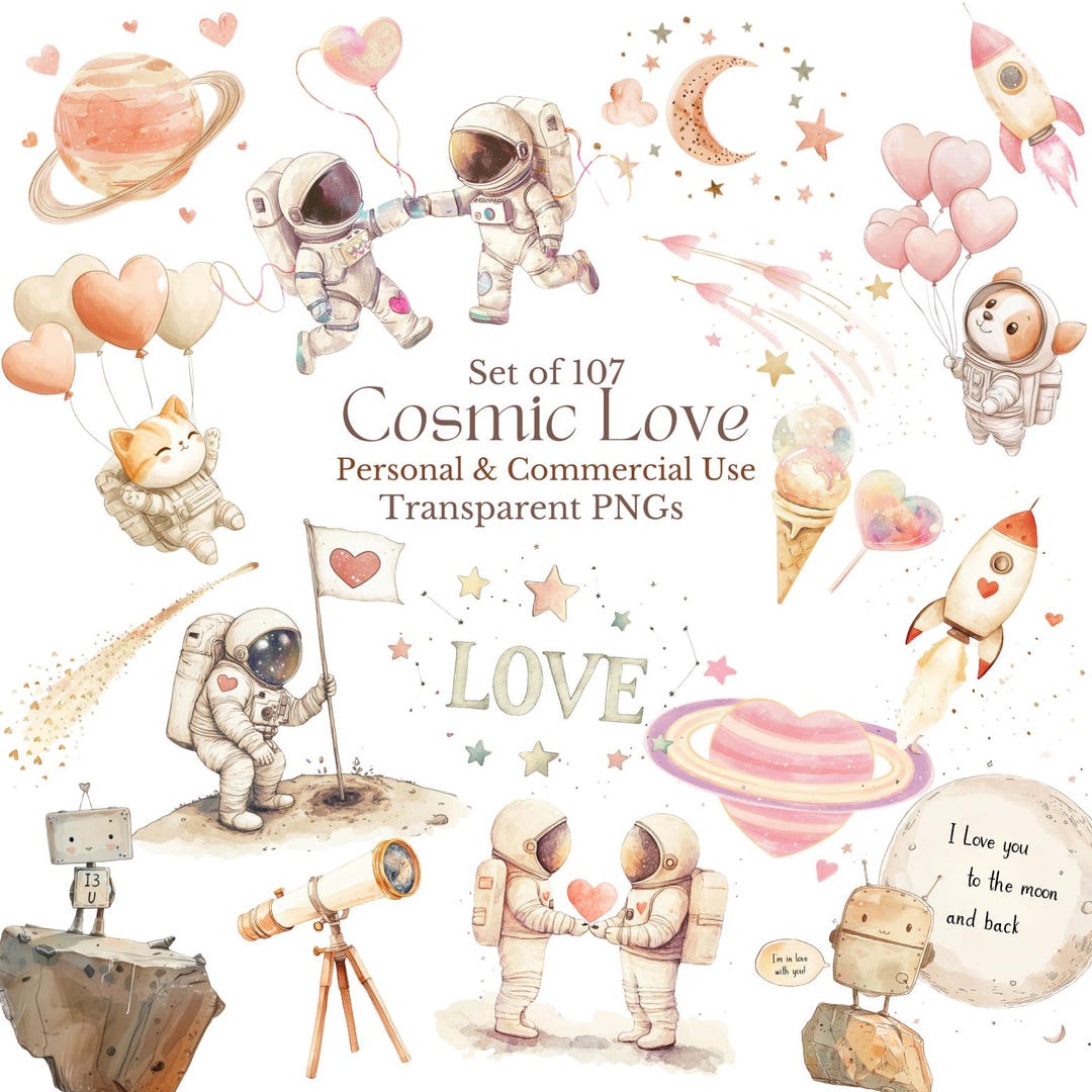 Watercolor Valentines Clipart | Cute Astronaut Clipart | Romantic Space ...