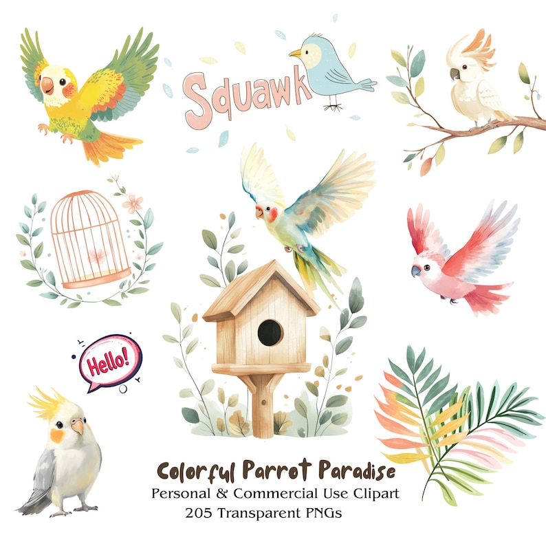 Cute Watercolor Parrot Clipart | Tropical Bird Clipart | Exotic Bird ...