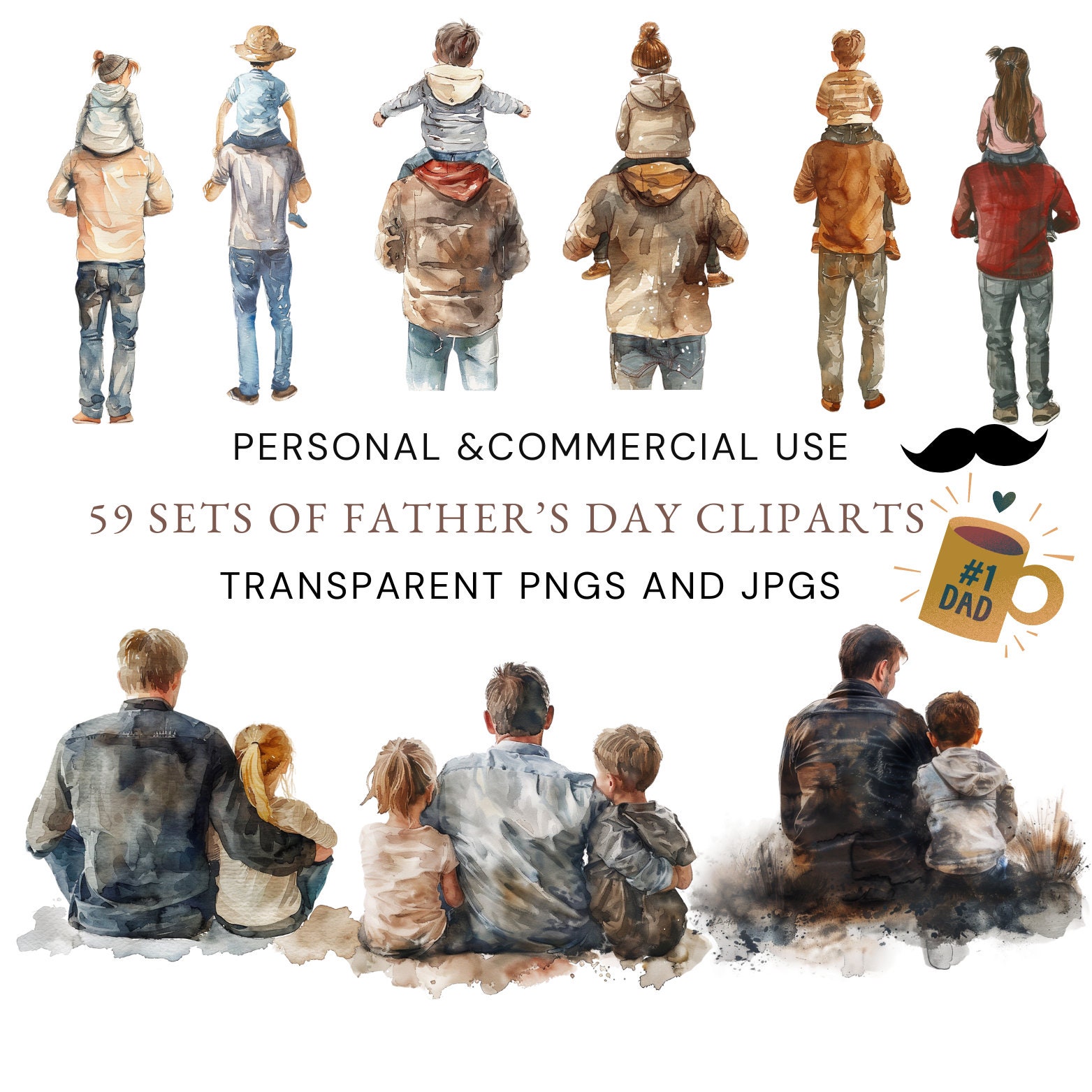 59 Happy Father's Day Watercolor Clipart Bundle for Crafts Gifts Father ...