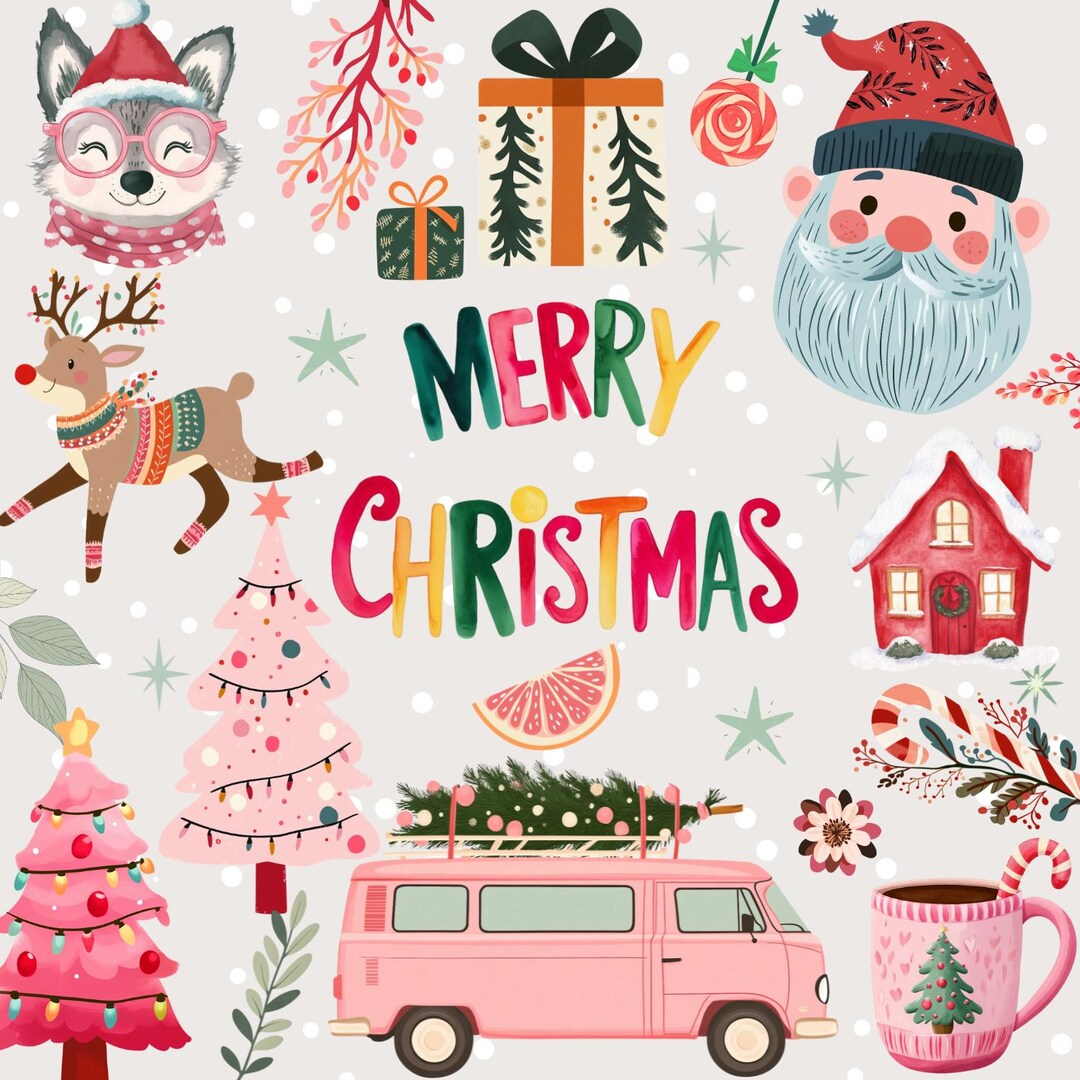 Watercolor Christmas Clipart | Retro Santa Claus Clipart | Pink ...