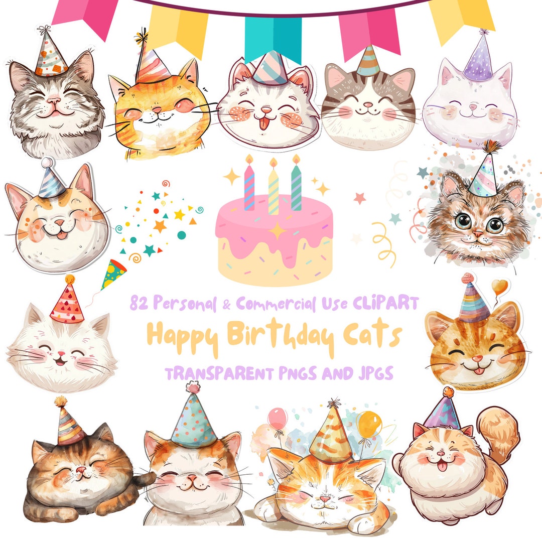 Cute Cat Breeds Clipart, Cats Party Kitties Clipart, Watercolor ...