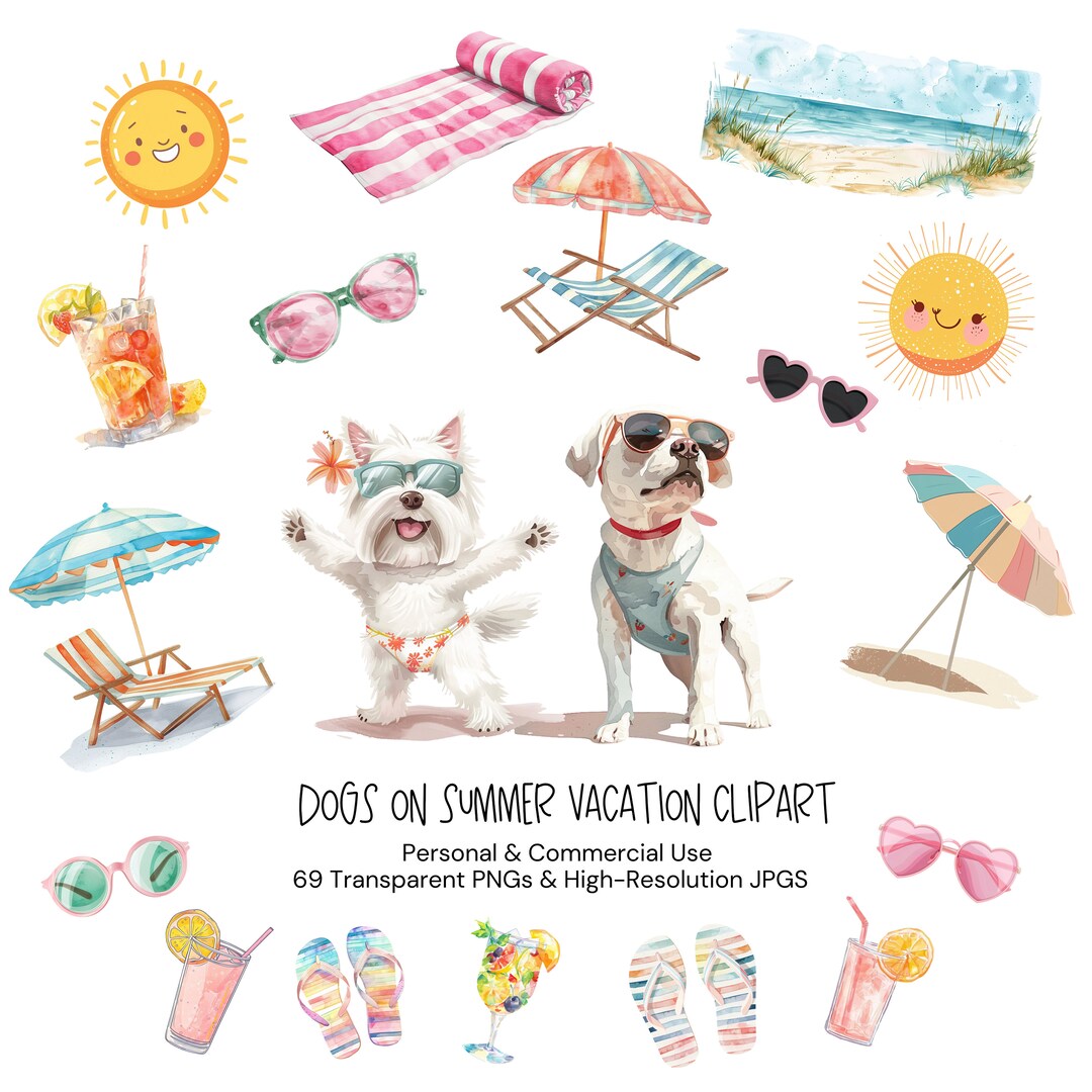 Summer Dog Beach Watercolor Cute Dogs Puppy Clipart|69 High-quality ...