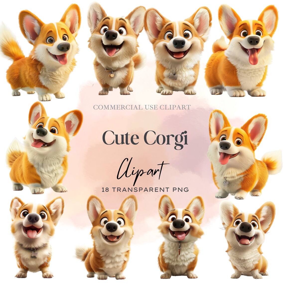 Cute Corgi Collection: High-quality PNG JPG Digital Bundle of 18 Corgi ...