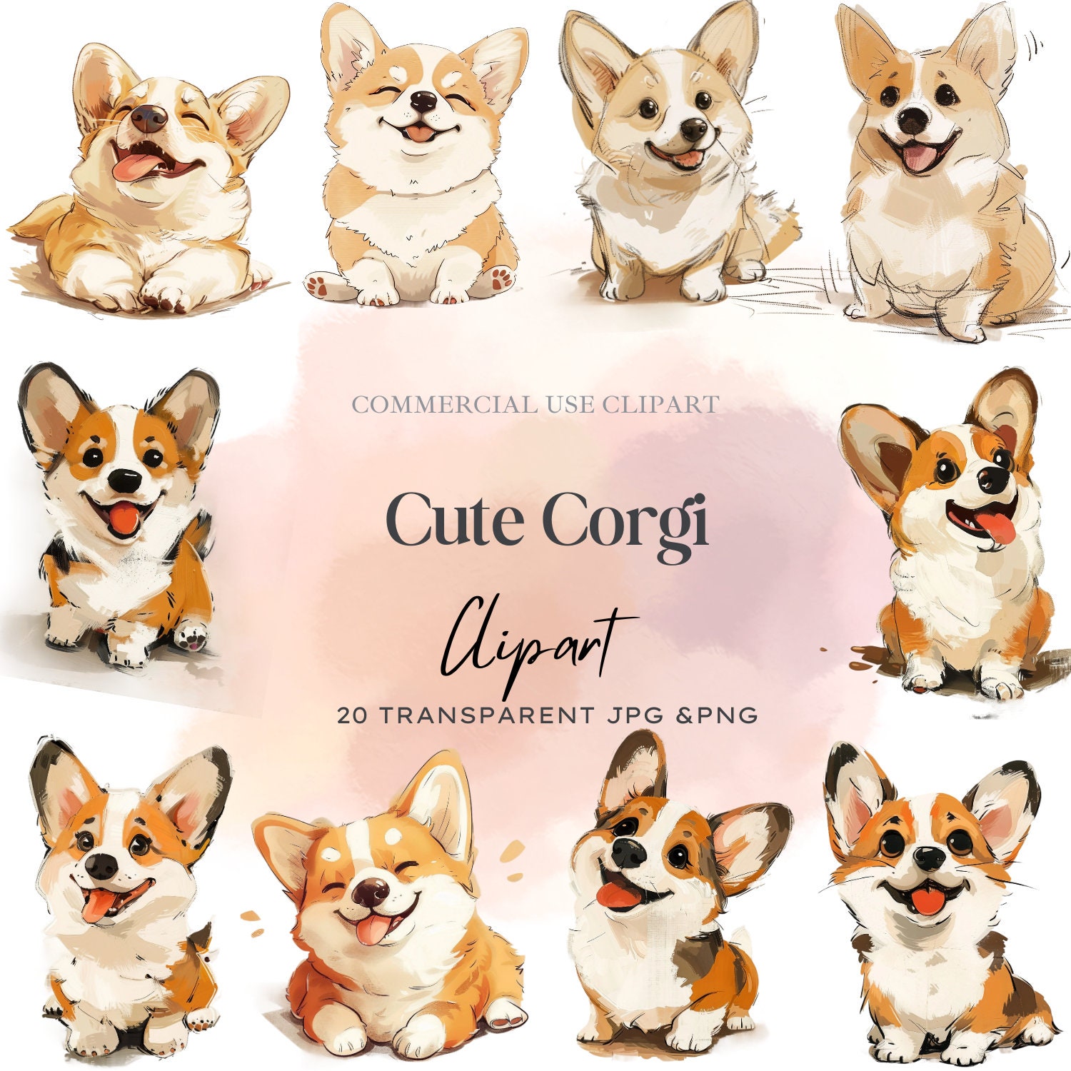 Cute Corgi Collection: High-quality PNG JPG Digital Bundle of 20 Corgi ...