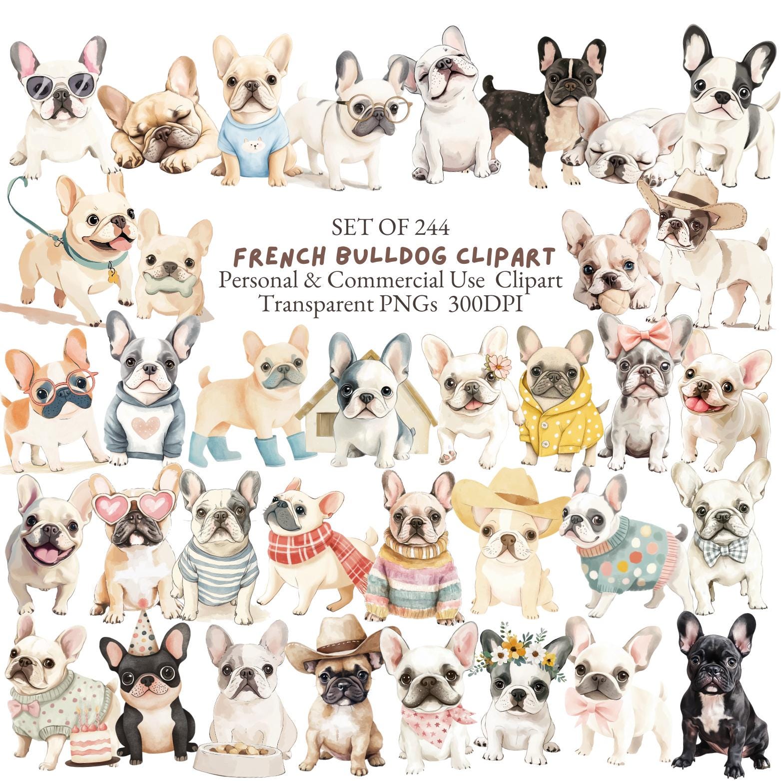 Watercolor French Bulldog Clipart | French Bulldog PNG | Cute Frenchie ...