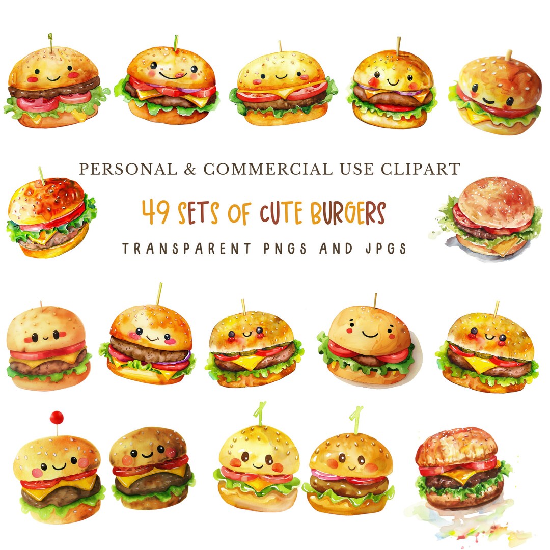 49 Cute Watercolor Burger Clipart,fast Food Menu Clipart,sublimation ...