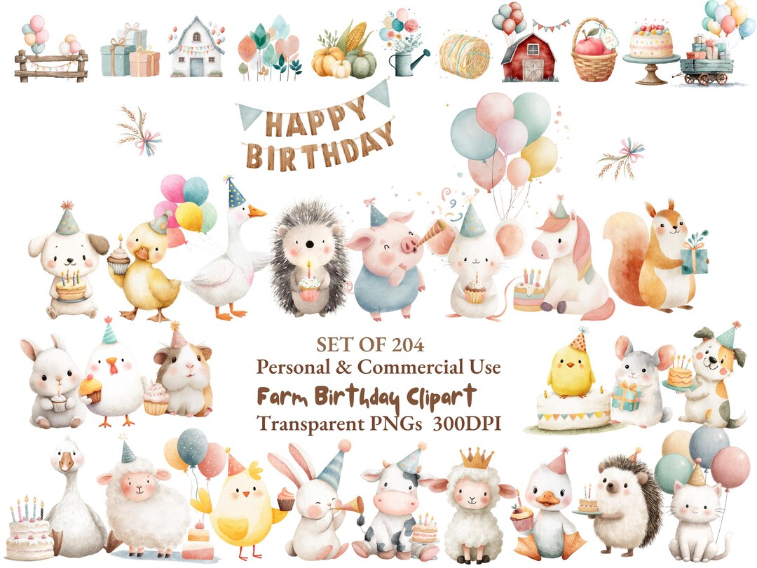 Watercolor Barnyard Birthday Clipart | Farm Animal Birthday PNG | Kids ...