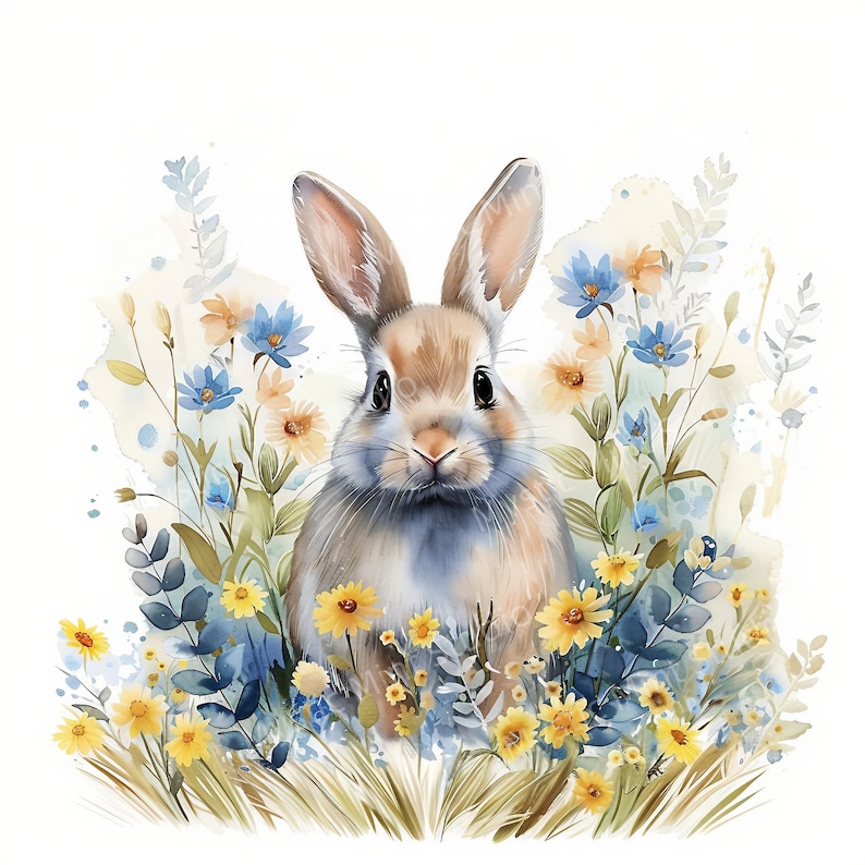 Cute Rabbit & Floral Watercolor Clipart, 24 High-resolution Jpgs ...