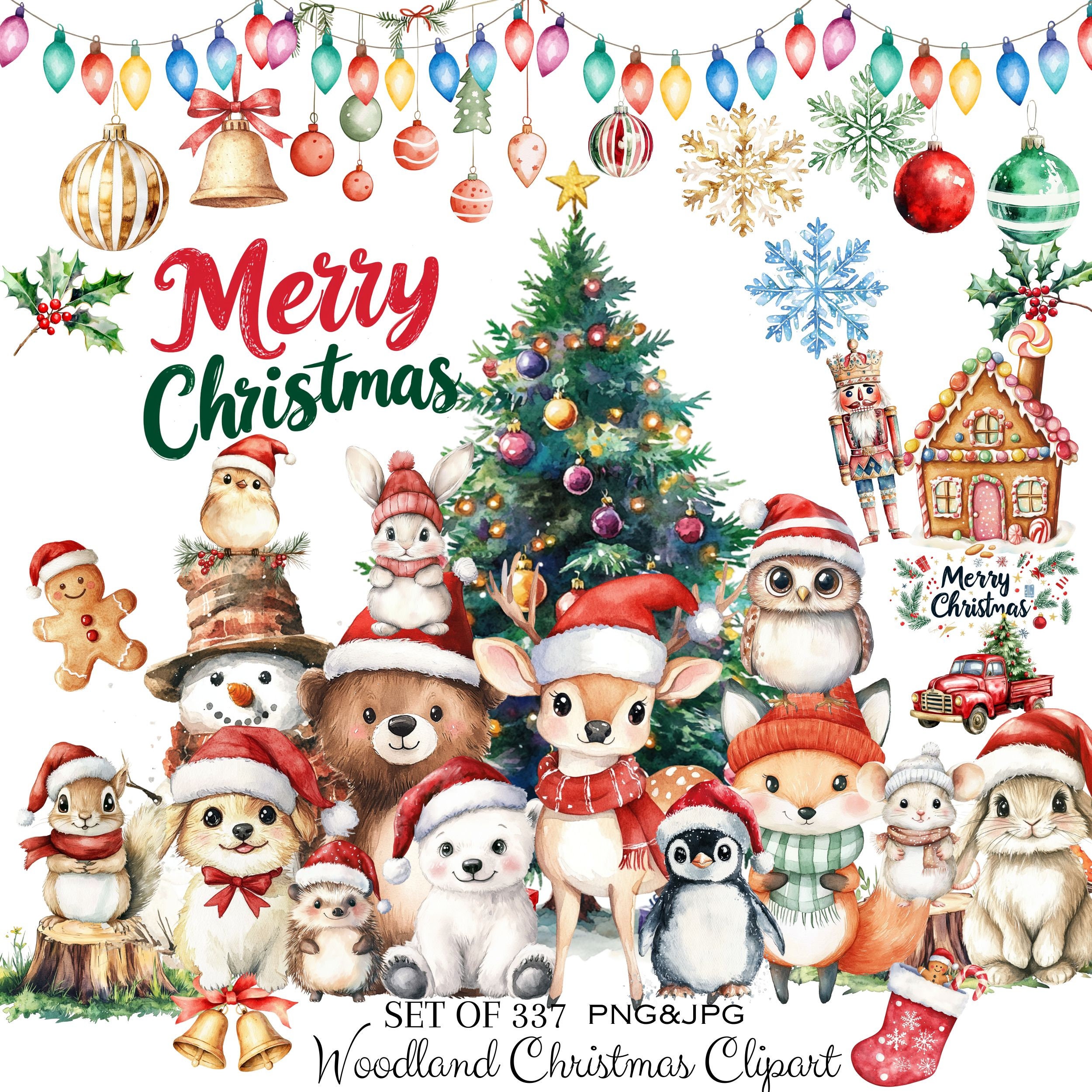Woodland Christmas Clipart, Watercolor Winter Animals, 337 Pngs, Cute ...