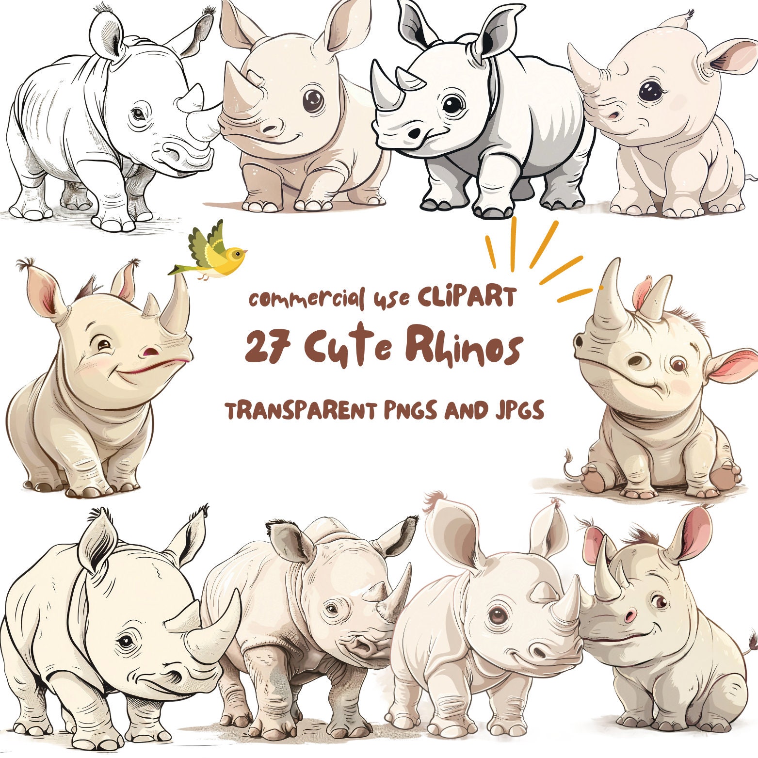 27 Cute Rihnos Collection: High-quality PNG JPG Digital Bundle of Baby ...