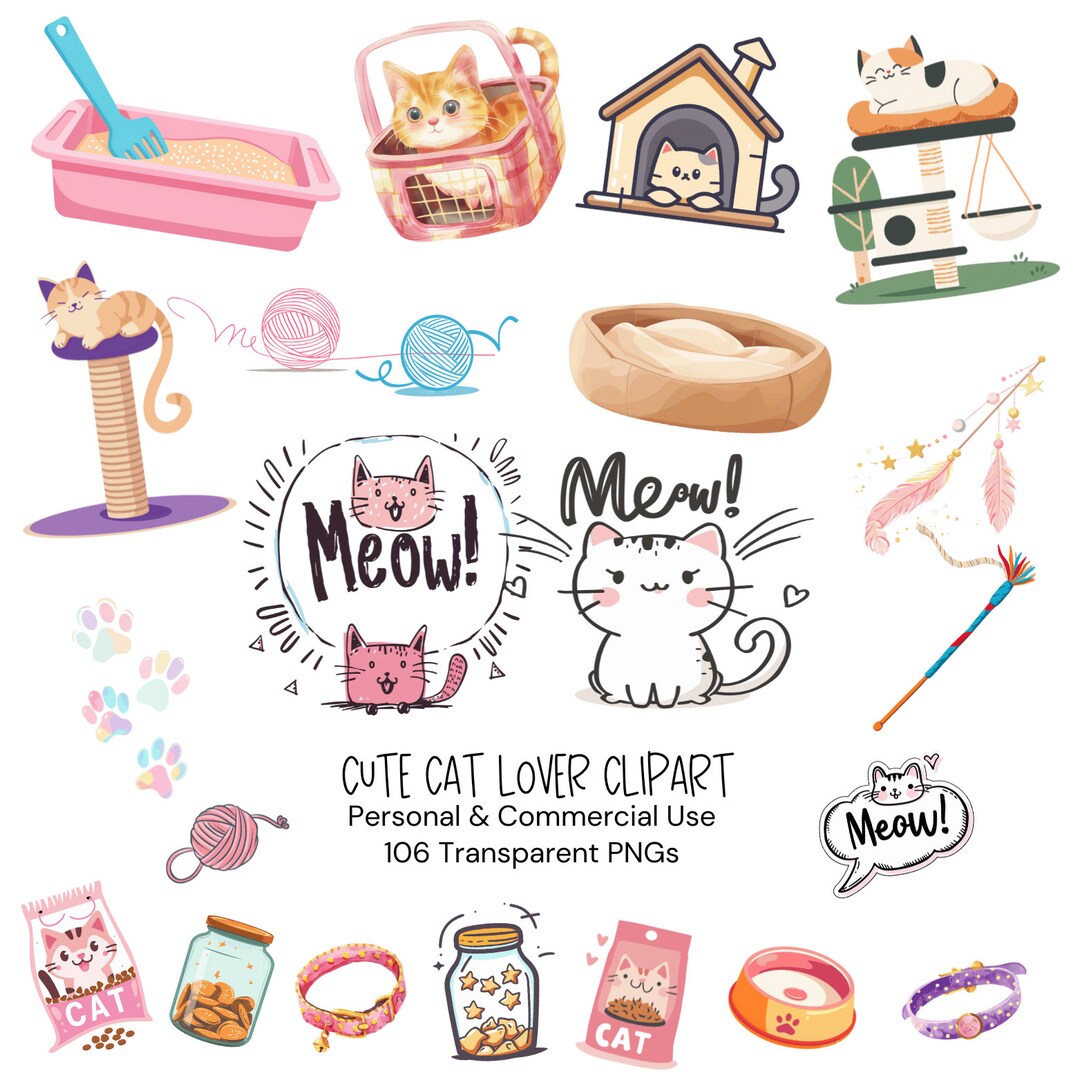 Cat Lover Clipart,cat Paws Cat House Cat Food Meow Cat Teaser Wand Cat ...