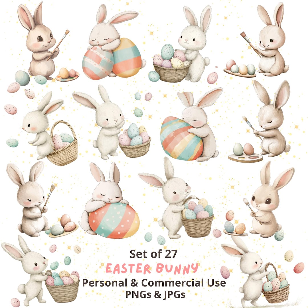 Watercolor Easter Bunny Clipart: Pastel Spring PNG (27 Images) - Etsy