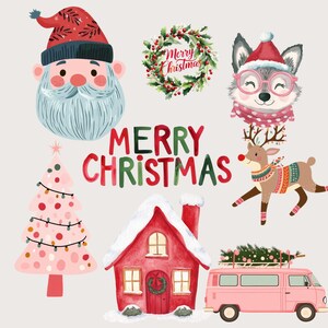 Watercolor Christmas Clipart | Retro Santa Claus Clipart | Pink ...