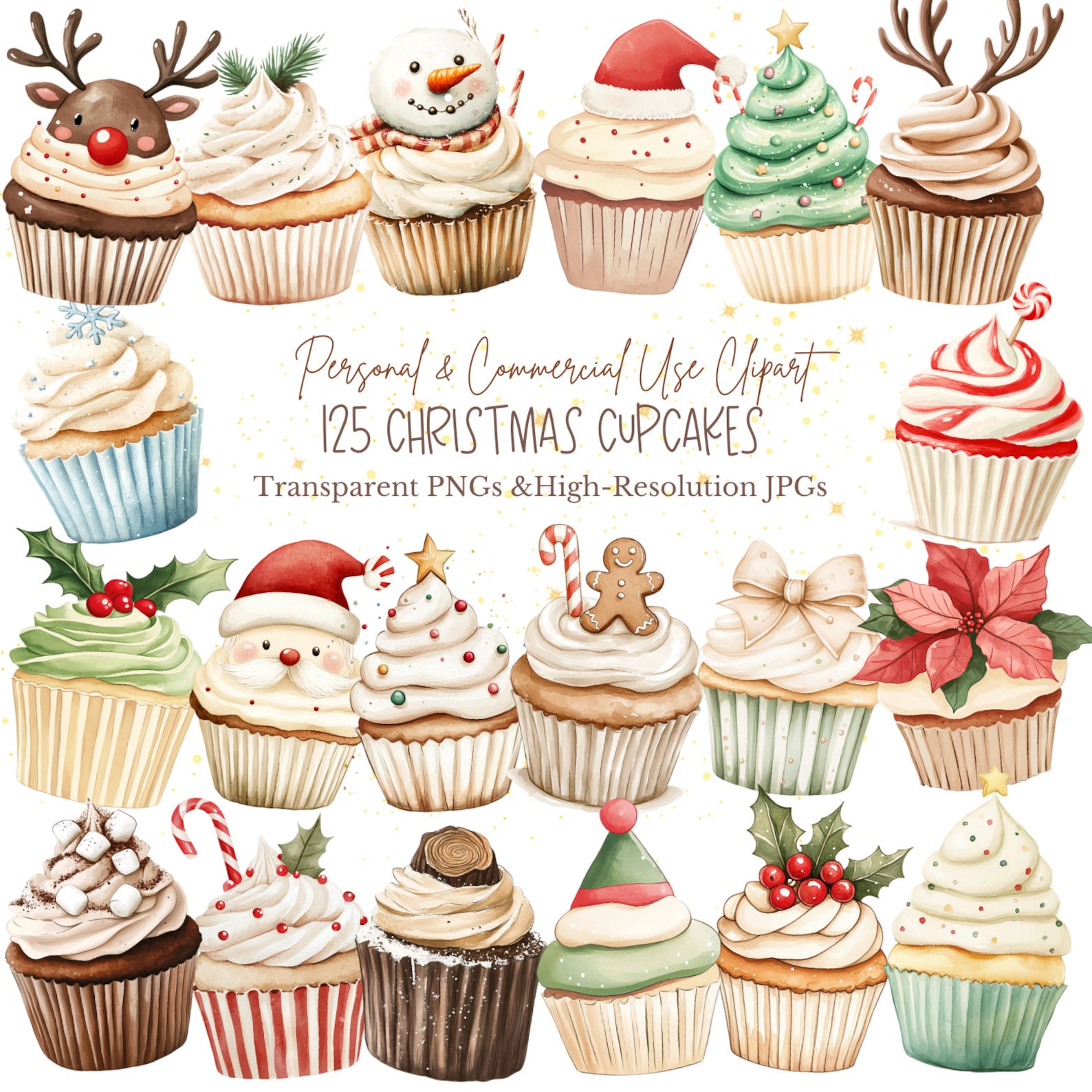 Christmas Cupcake Clipart, Watercolor Cupcake Clipart, Holiday Cupcake ...