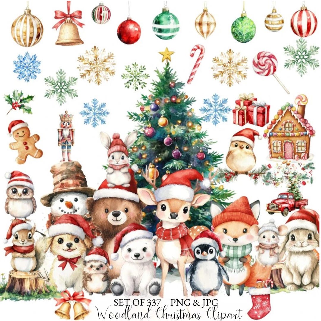 Woodland Christmas Clipart, Watercolor Winter Animals, 337 Pngs, Cute ...