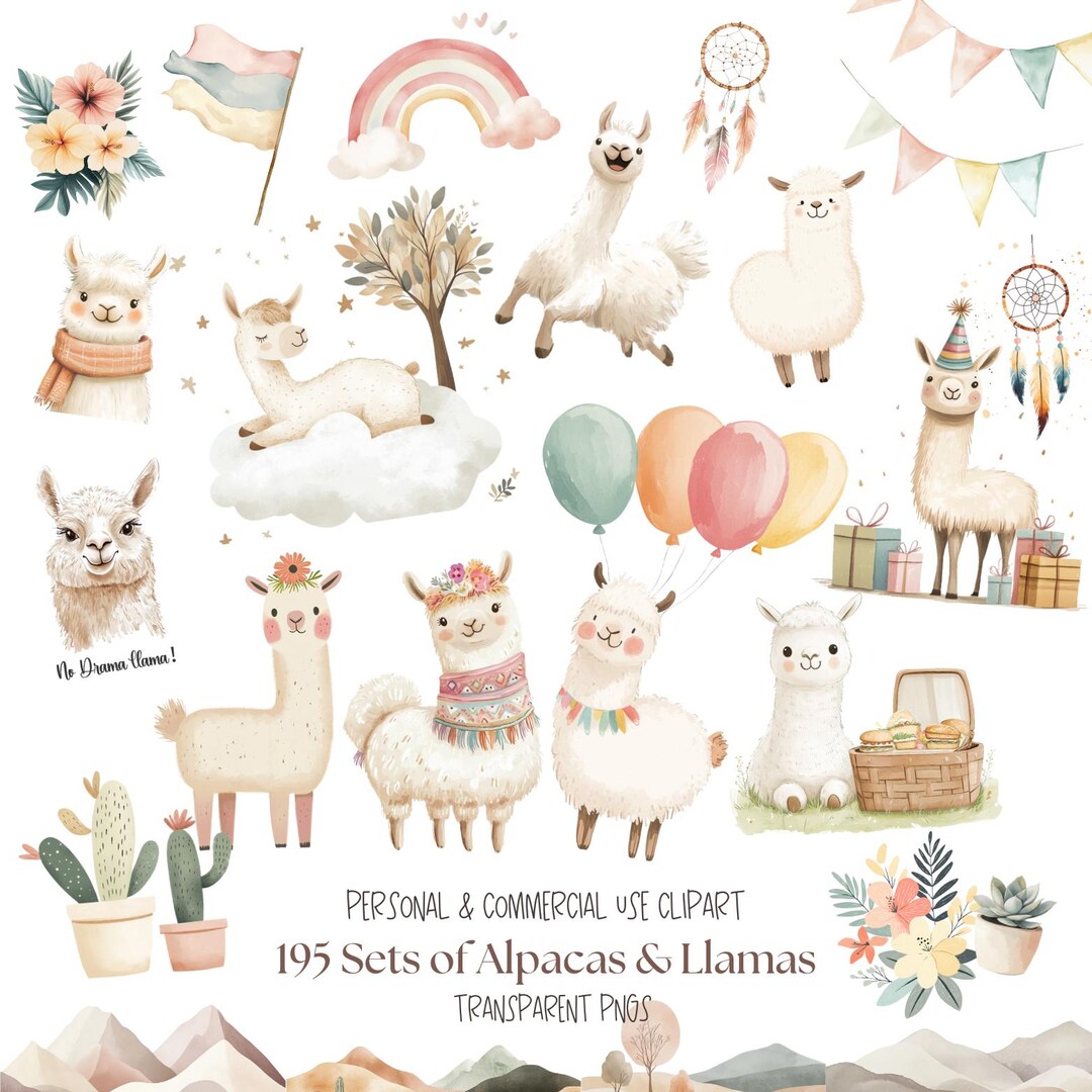 Cute Llama Clipart | Cute Alpaca Clipart L Watercolor Llama Clipart L ...