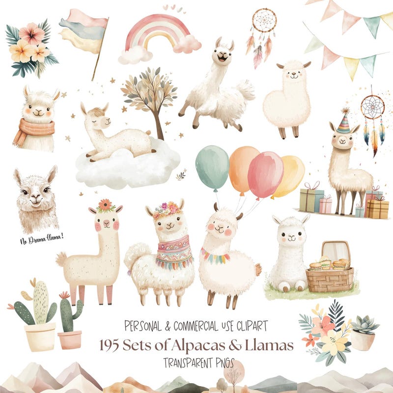 Cute Llama Clipart - Etsy