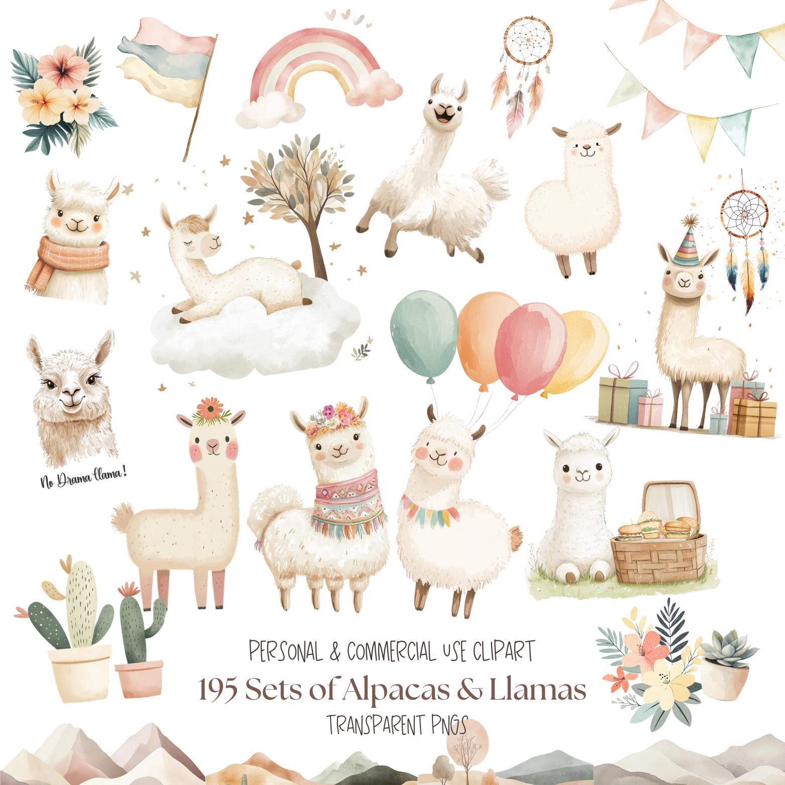 Cute Llama Clipart | Cute Alpaca Clipart L Watercolor Llama Clipart L ...