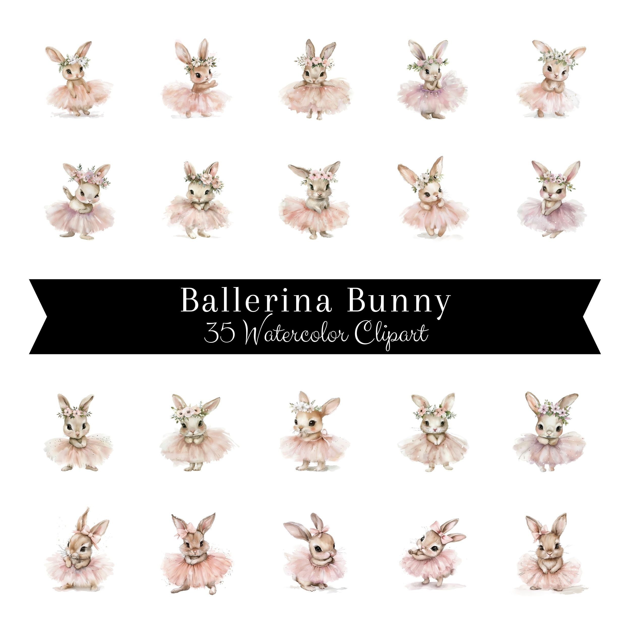 Ballerina Bunny Watercolor Cute Bunnies in Tutus Clipart 35 High ...