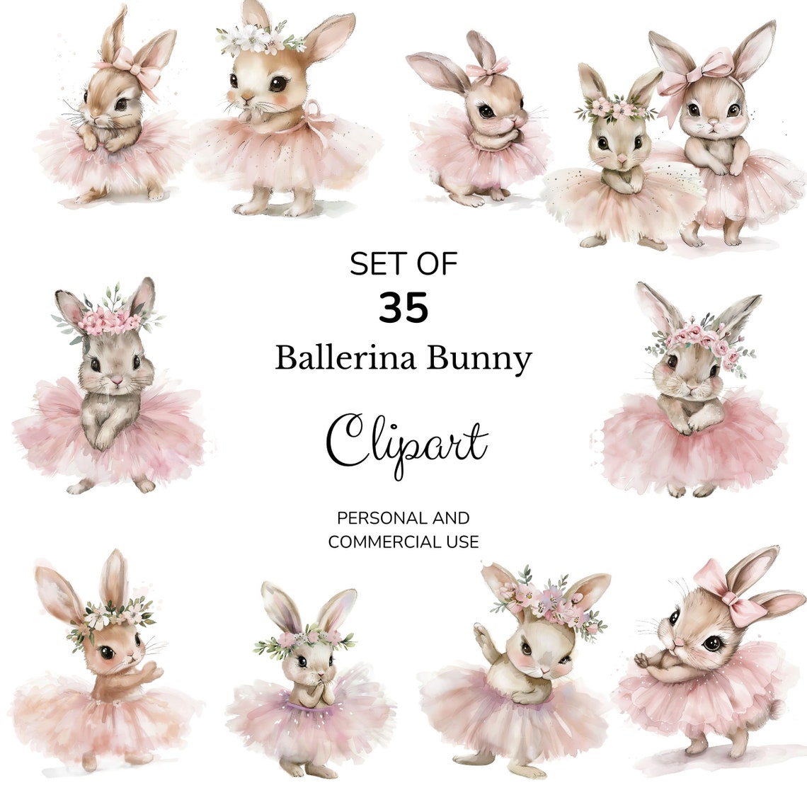 Ballerina Bunny Watercolor Cute Bunnies in Tutus Clipart 35 High ...