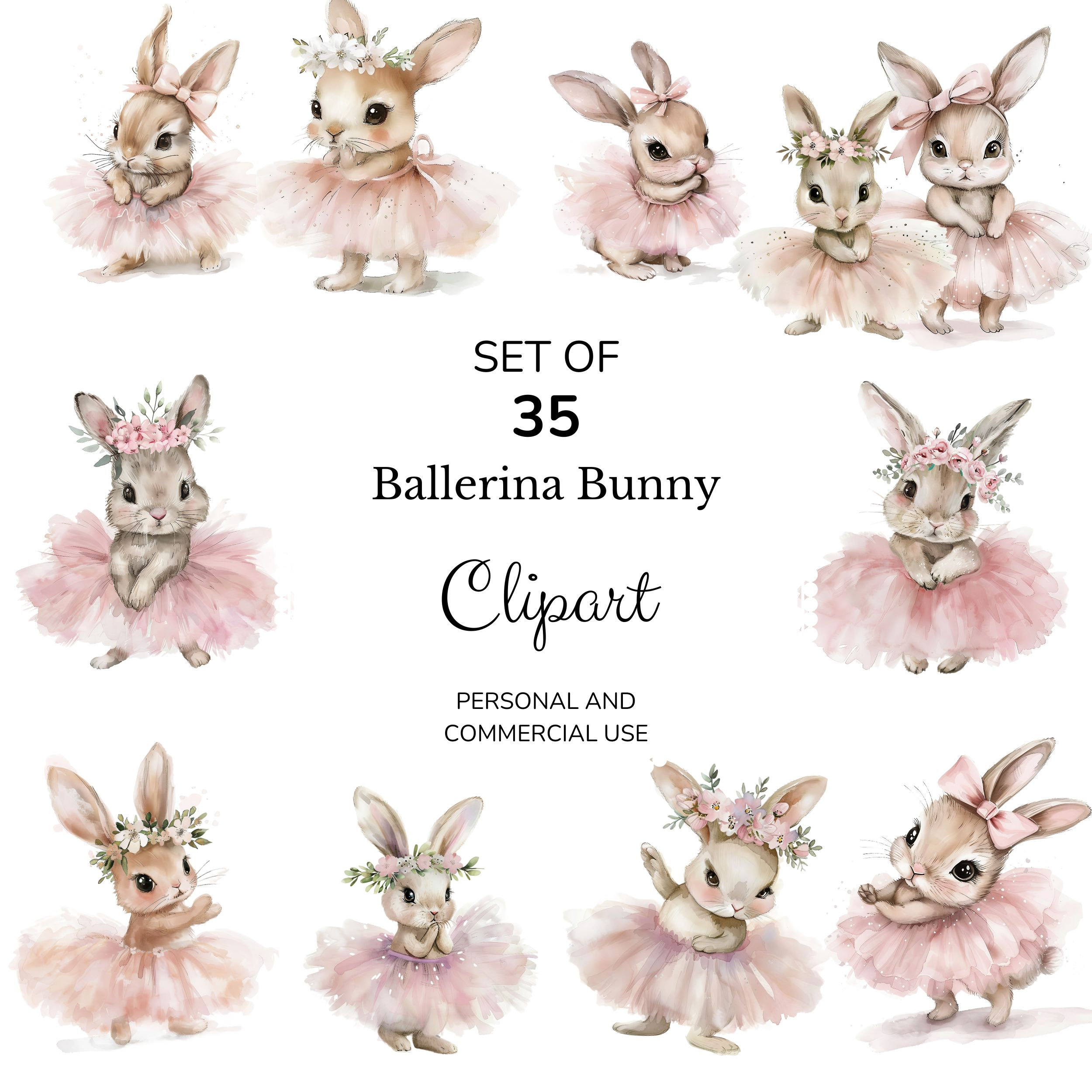 Ballerina Bunny Watercolor Cute Bunnies in Tutus Clipart 35 High ...