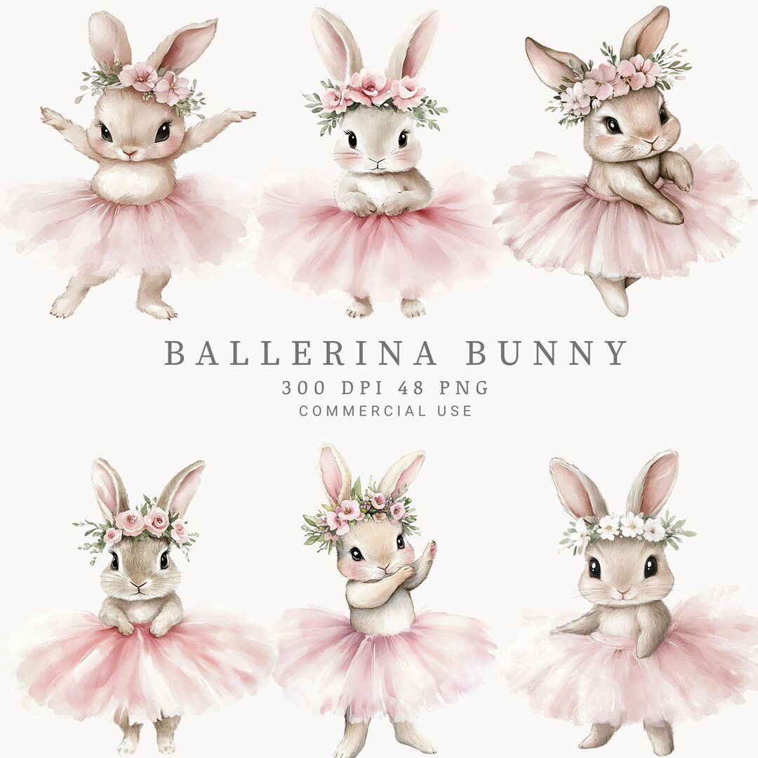 Ballerina Bunny Watercolor Cute Bunnies in Tutus Clipart 48 High ...
