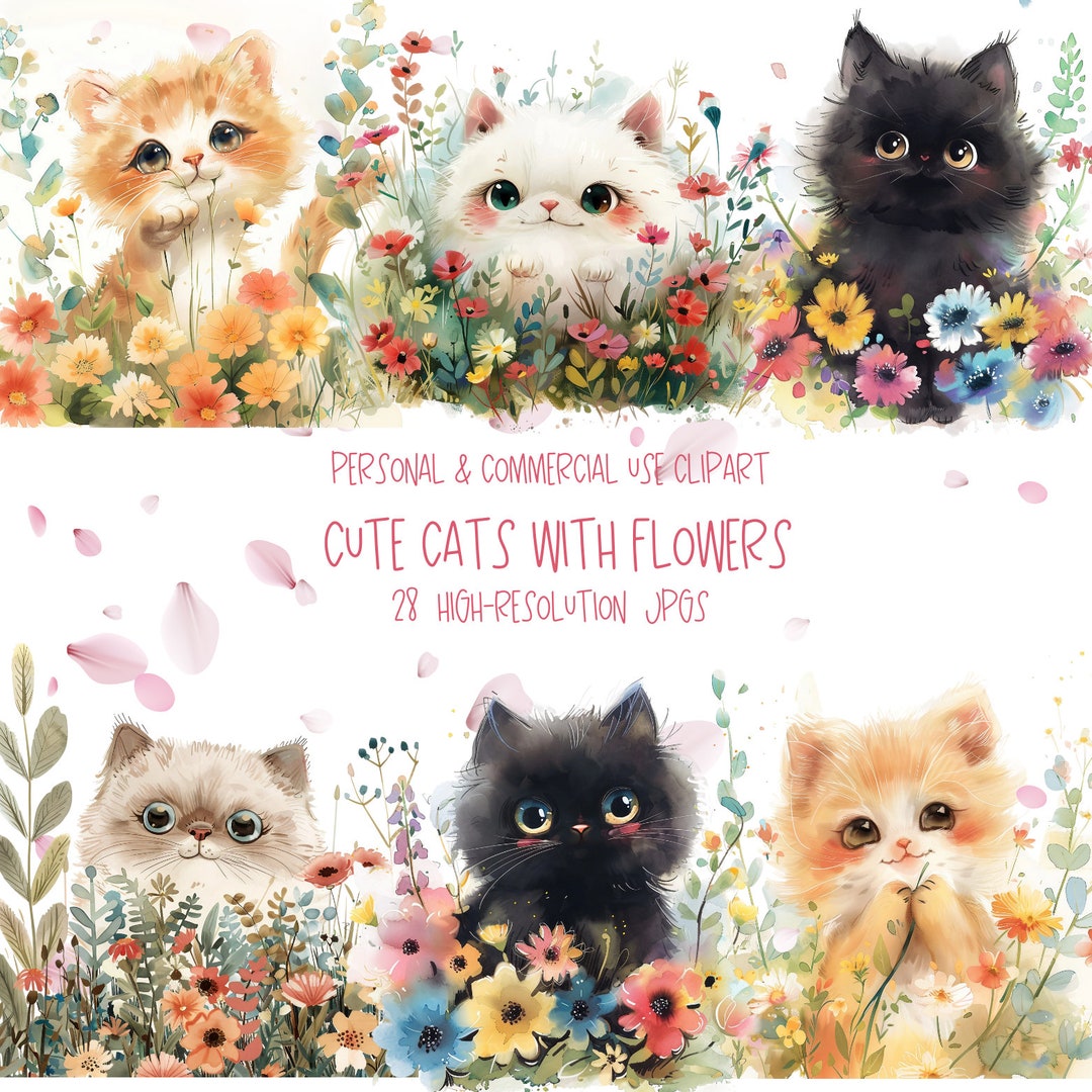 Cute Cats With Flower Clipart, 28 High-resolution Jpgs, Kittens and ...