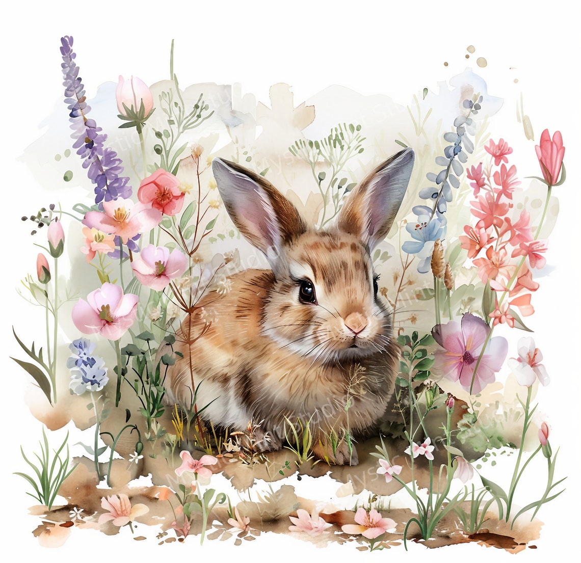 Cute Rabbit & Floral Watercolor Clipart, 24 High-resolution Jpgs ...