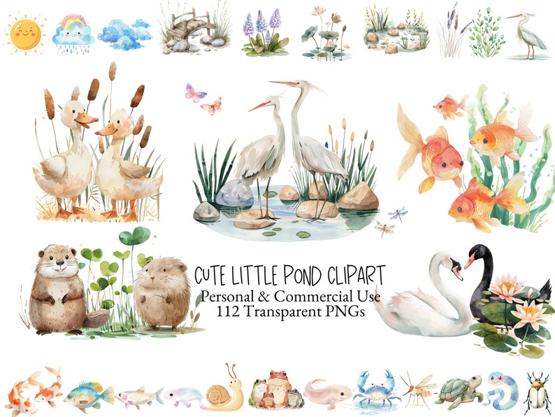 112 Watercolor Cute Pond Life Clipart Bundle,swan Clipart Duck Clipart ...