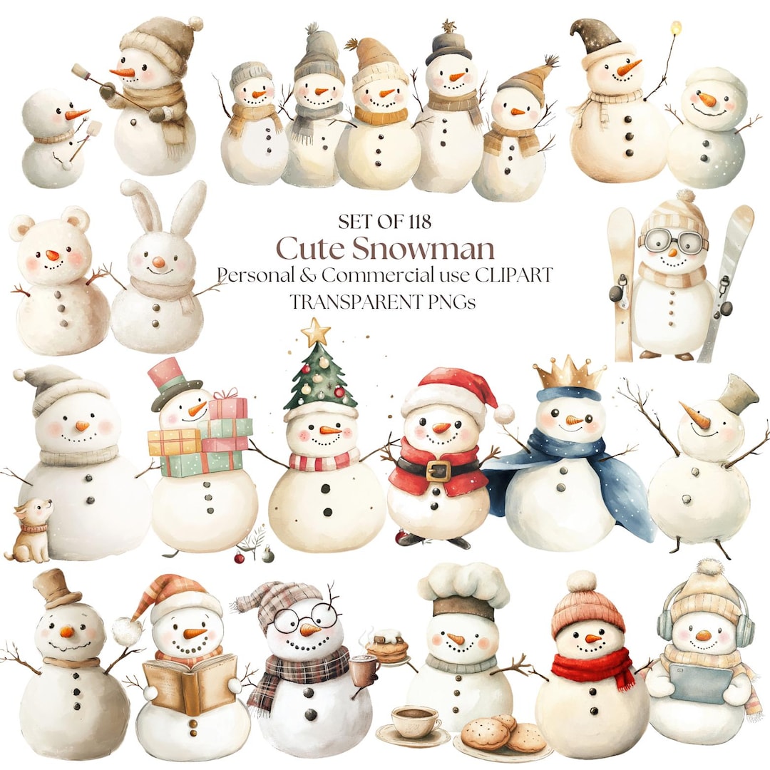Watercolor Snowman Clipart | Cute Christmas Clipart | Christmas Snowman ...