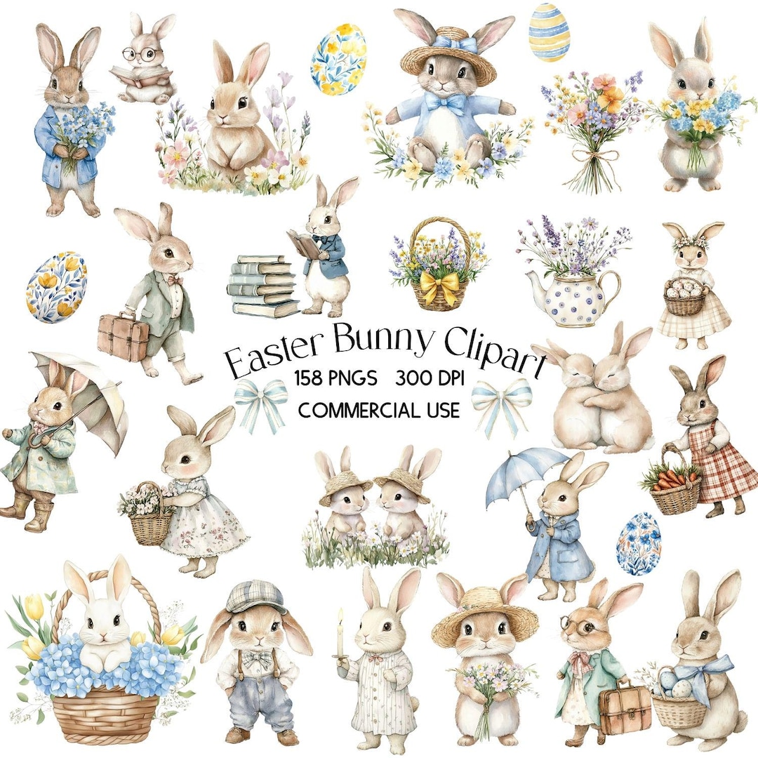 Watercolor Vintage Bunny Clipart | Cute Rabbit Clipart | Easter Bunny ...