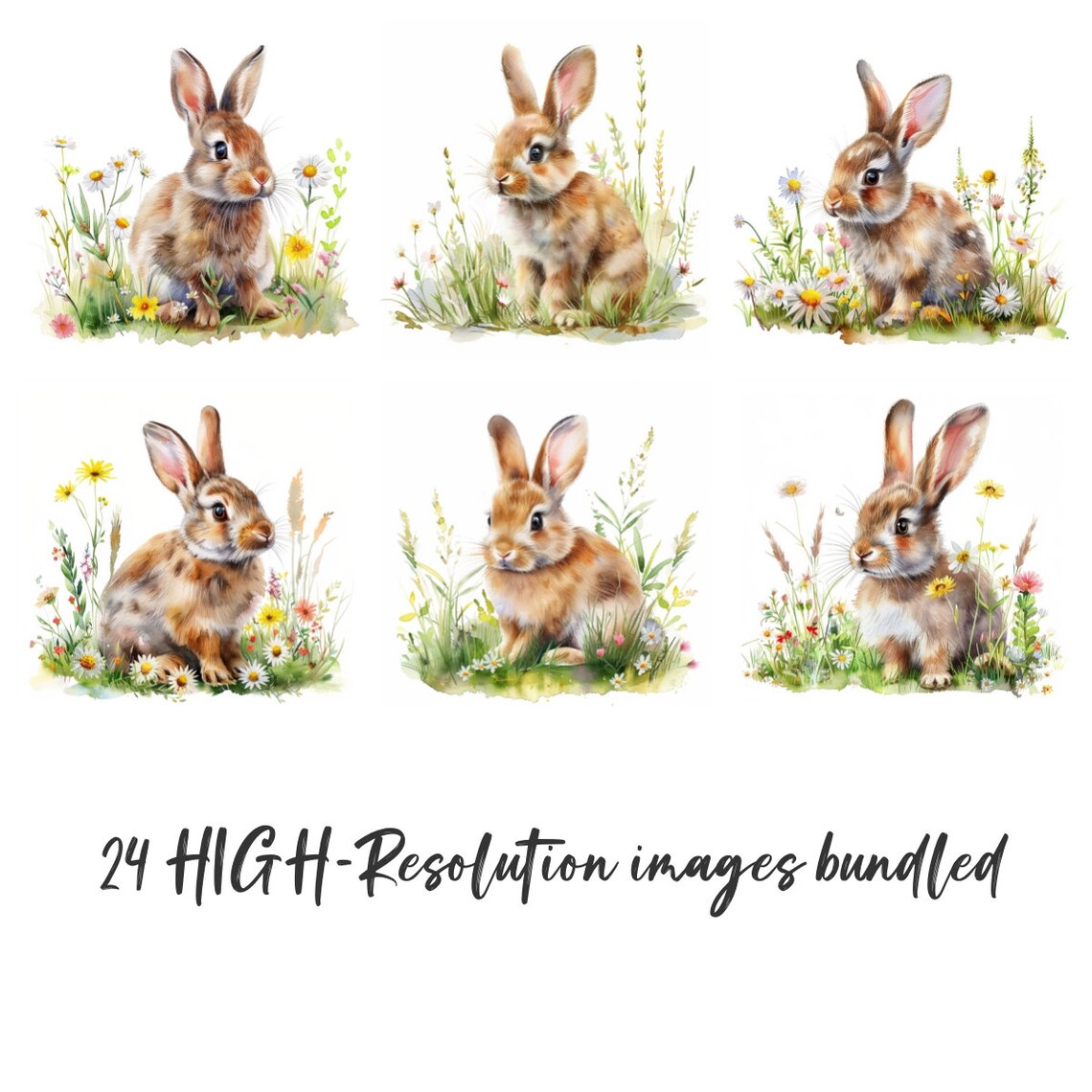 Cute Rabbit & Floral Watercolor Clipart, 24 High-resolution Jpgs ...