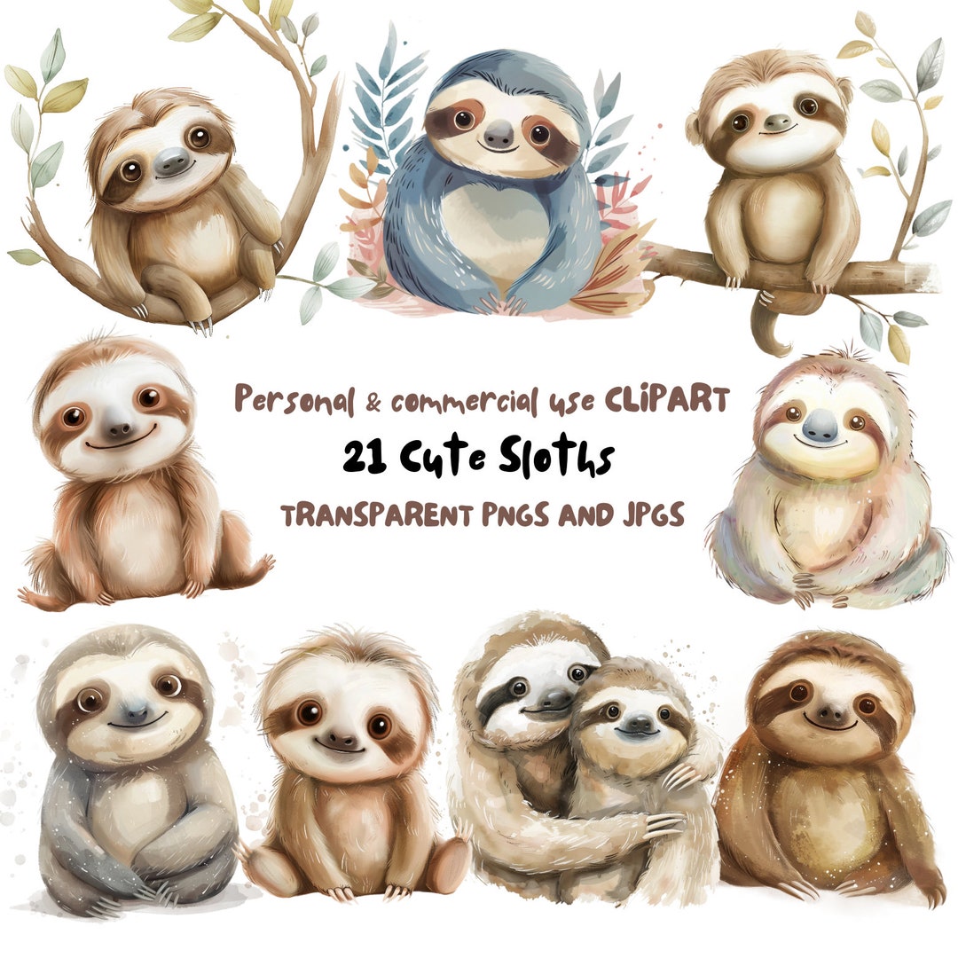 Watercolor Sloth Clipart, Cute Sloth Clipart, Lazy Animal Clipart ...