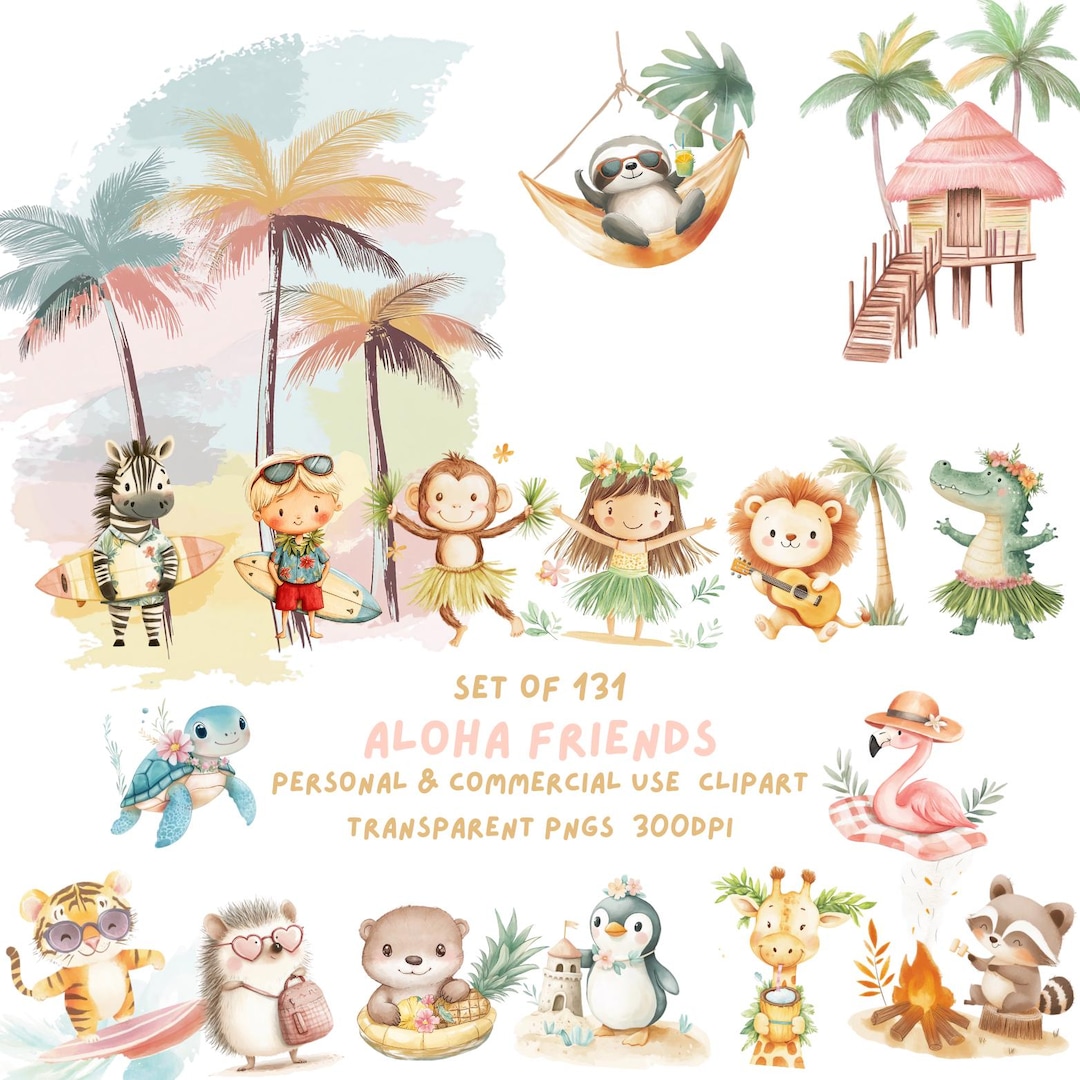 Watercolor Hawaii Clipart | Cute Hawaiian Animals Clipart | Tropical ...