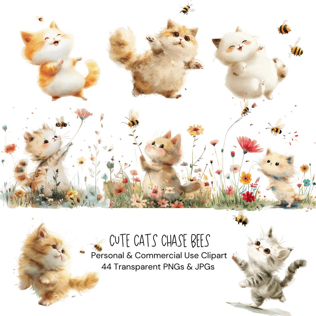 Cats Watercolor Cute Cat Kitties Cute Bee Clipart|44 High-quality Pngs ...