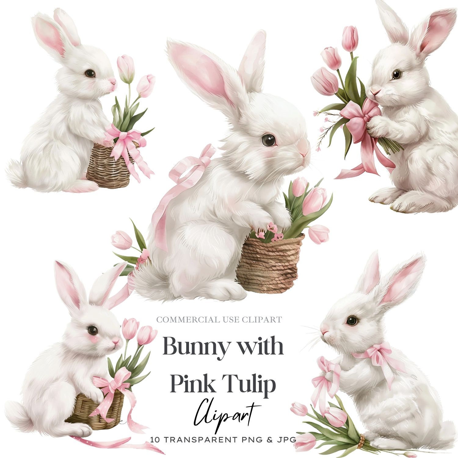 Cute Rabbit Bunny With Pink Tulip Clipart, 10 High-resolution Pngs and ...
