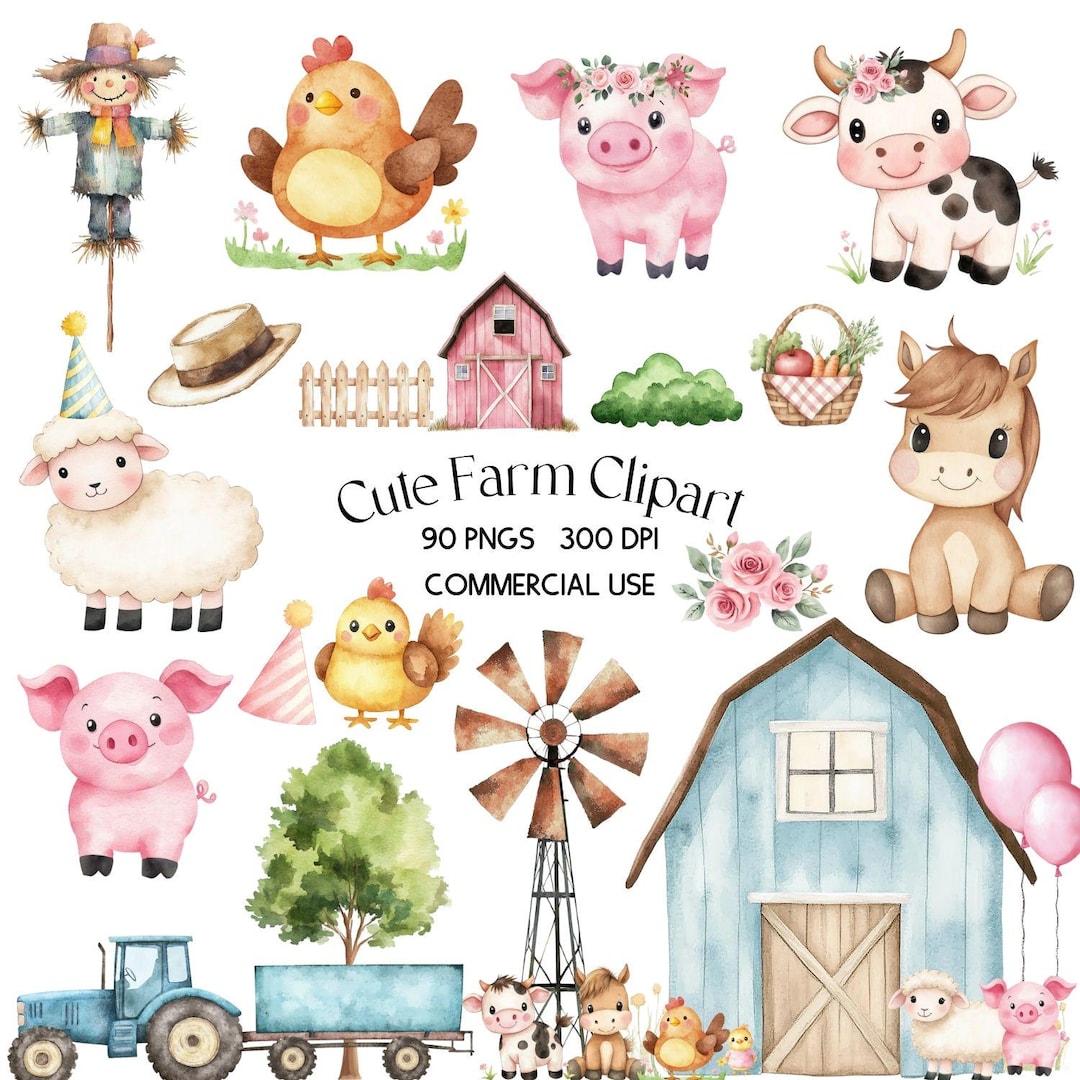90 Watercolor Farm Animal Clipart Bundle | Pig Clipart | Goose Clipart ...