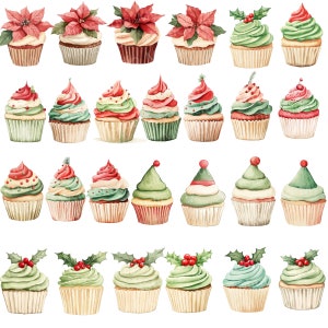 Christmas Cupcake Clipart, Watercolor Cupcake Clipart, Holiday Cupcake ...