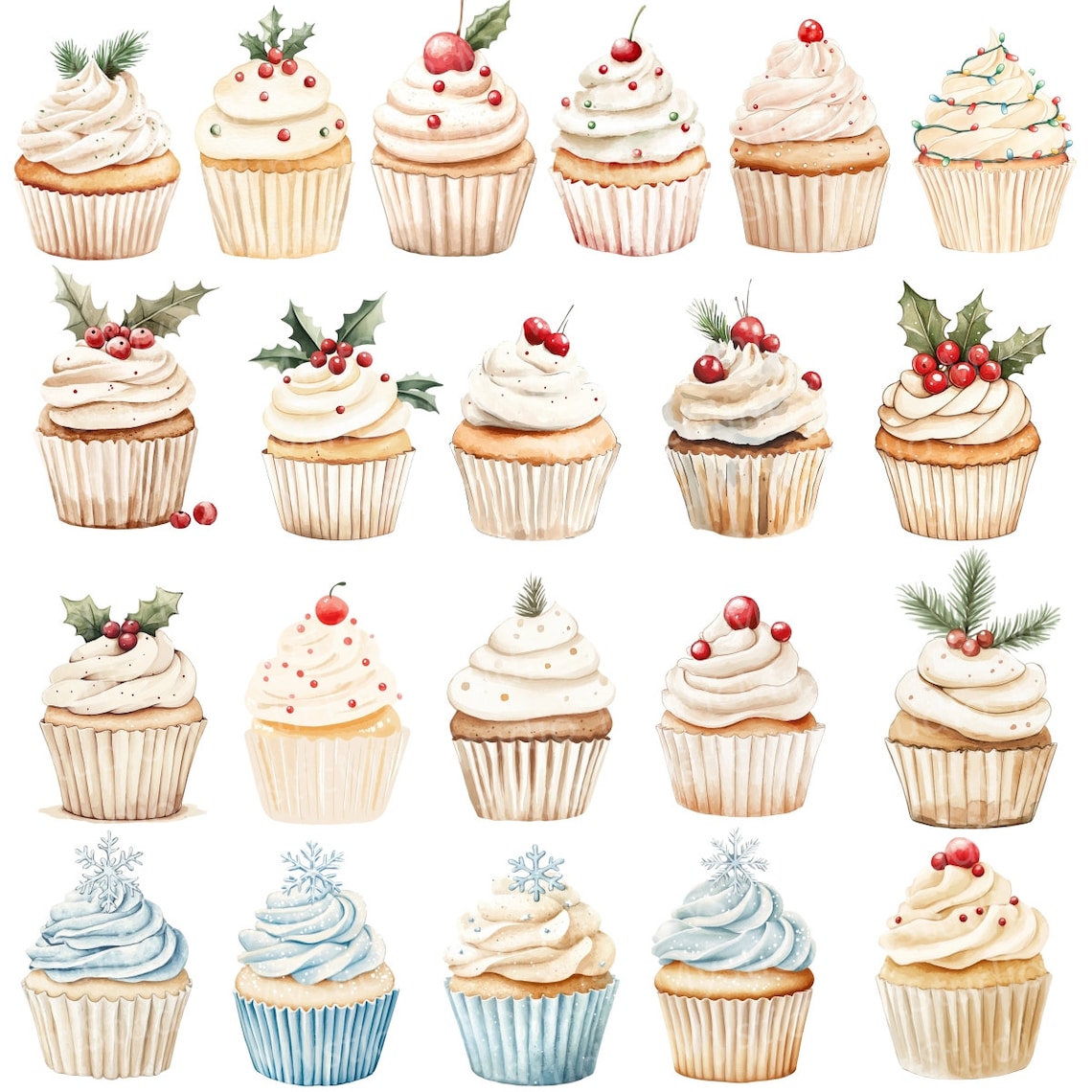 Christmas Cupcake Clipart, Watercolor Cupcake Clipart, Holiday Cupcake ...