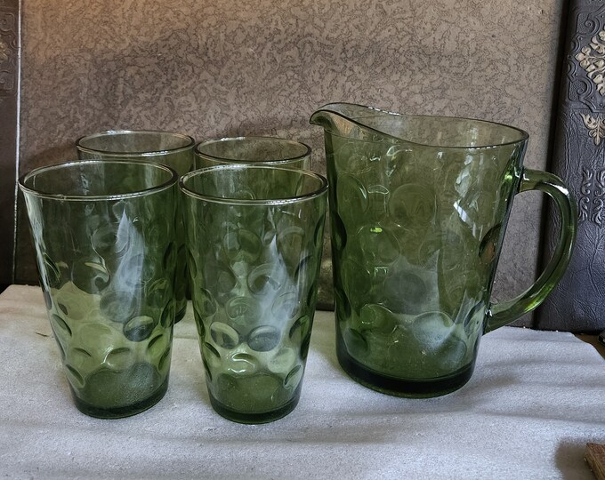 Vintage Green Glass Set of 4 Glasses and Pitcher - Etsy